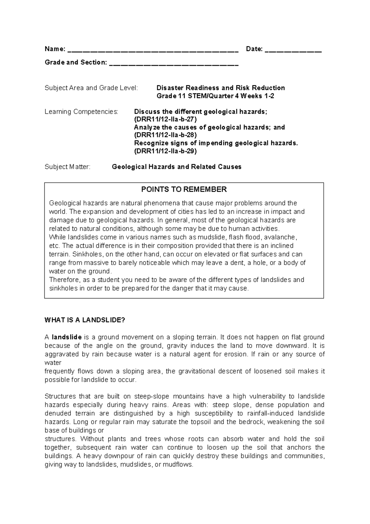 Weeks-1-2-DRRR-4th-Quarter Activity- Sheets SY2023-2024 - Name: - Studocu