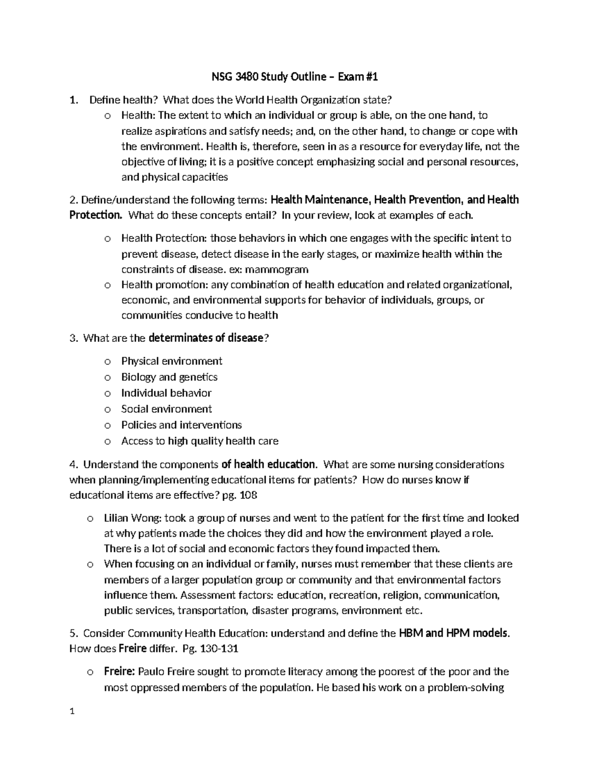 EXAM #1 Study outline Community Health - NSG 3480 Study Outline – Exam ...