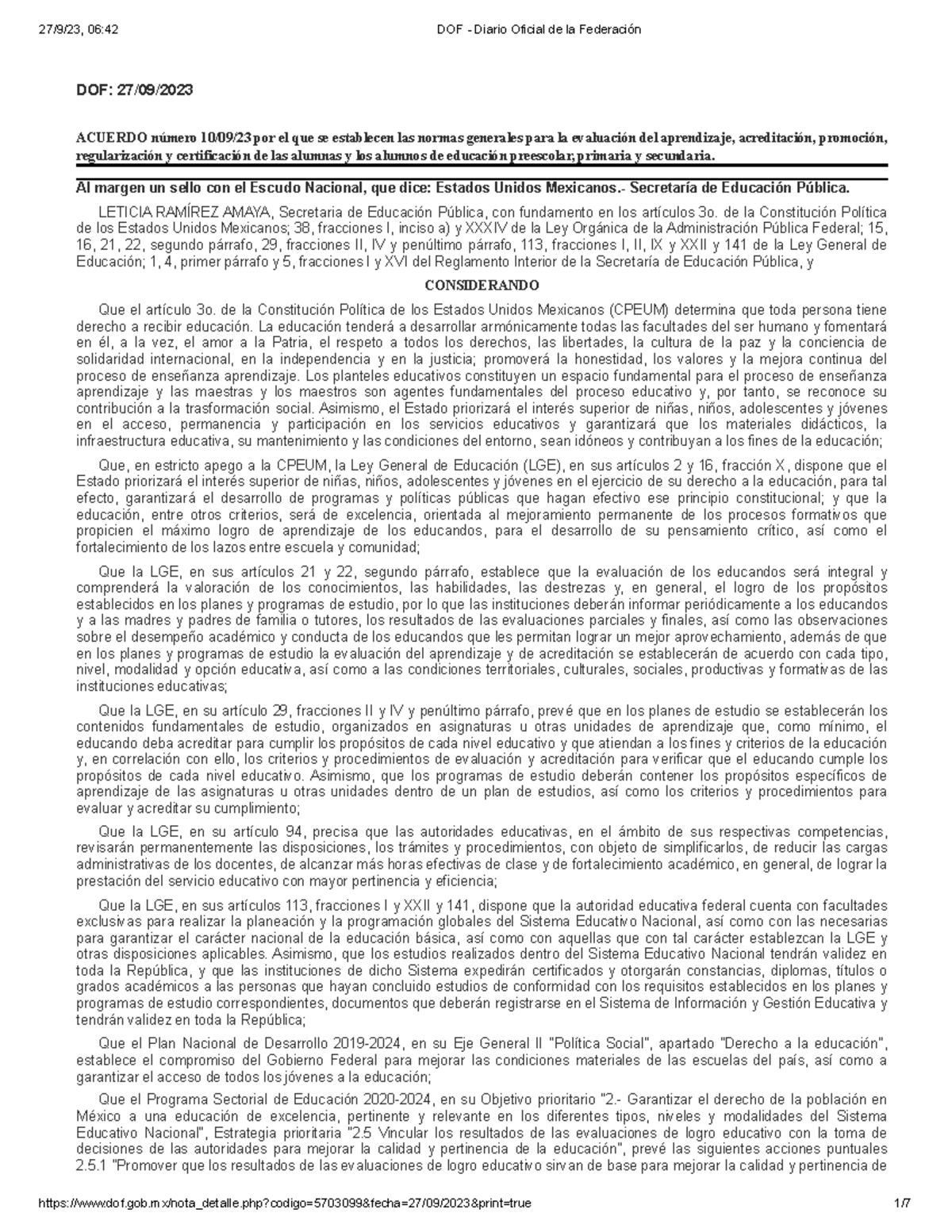 Acuerdo evaluación 10 09 23 - DOF: 27/09/ ACUERDO número 10/09/23 por ...