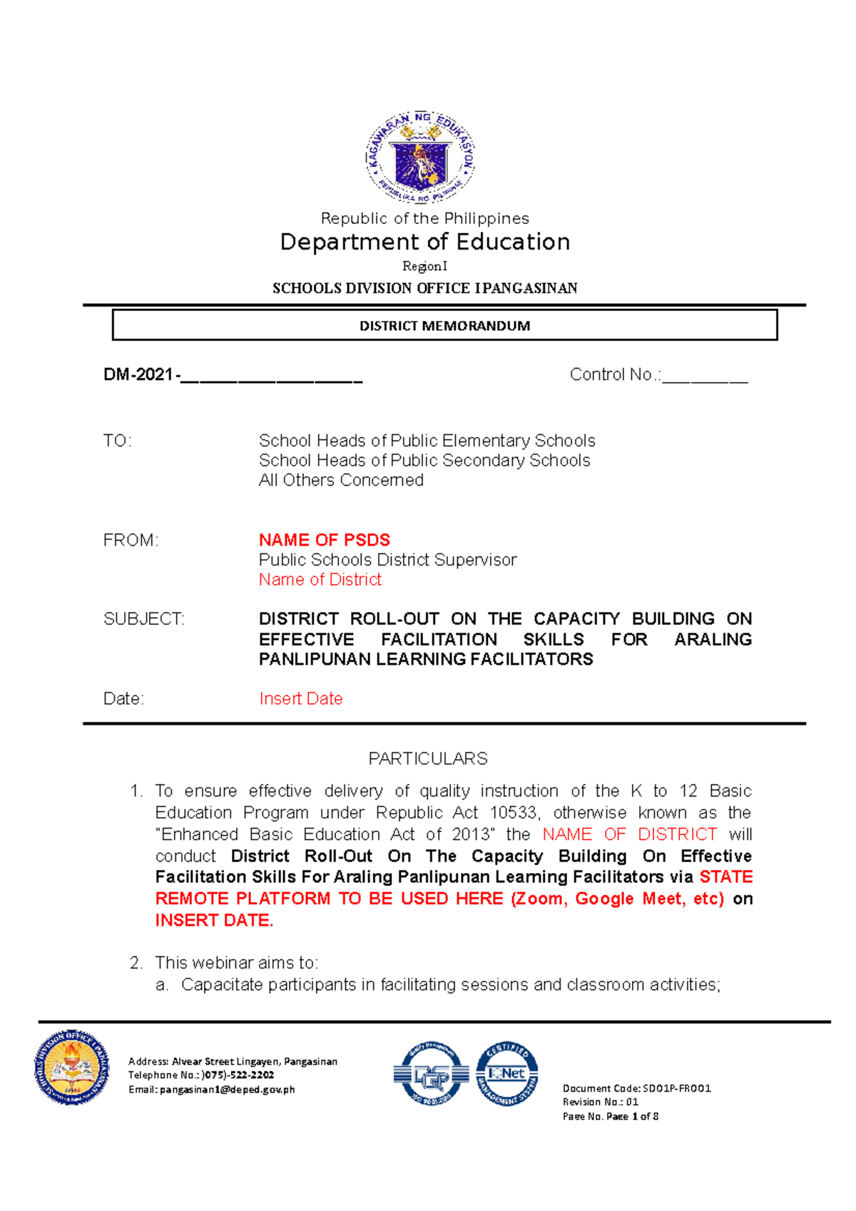 District Memorandum AP Facilitation Skills - Republic of the ...