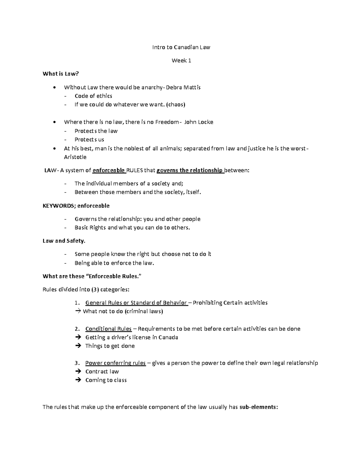 Intro to Canadian Law- Week 1 Notes - Intro to Canadian Law Week 1 What ...