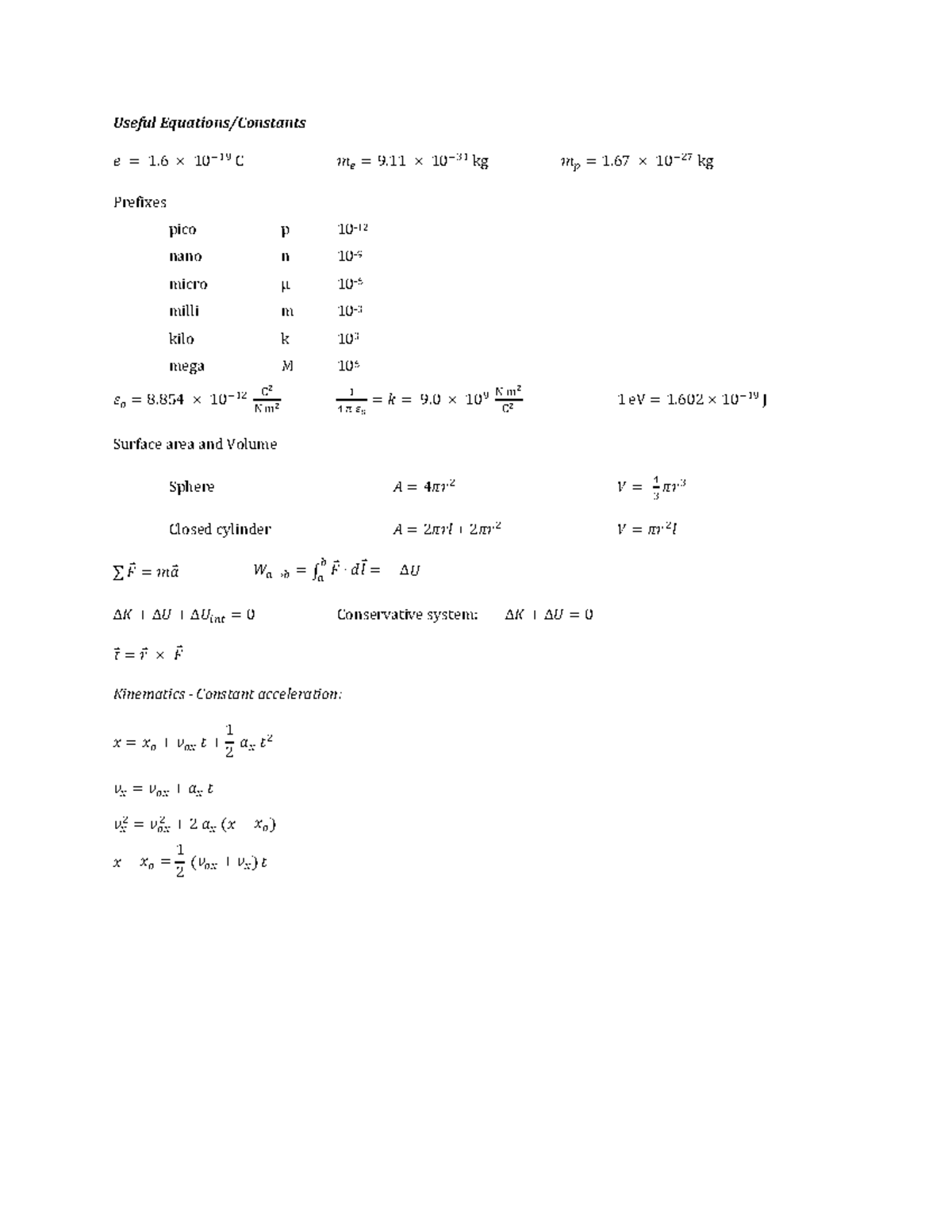 Equations and Constants Midterm 1 - Useful Equations/Constants 𝑒 = 1. 6 ...