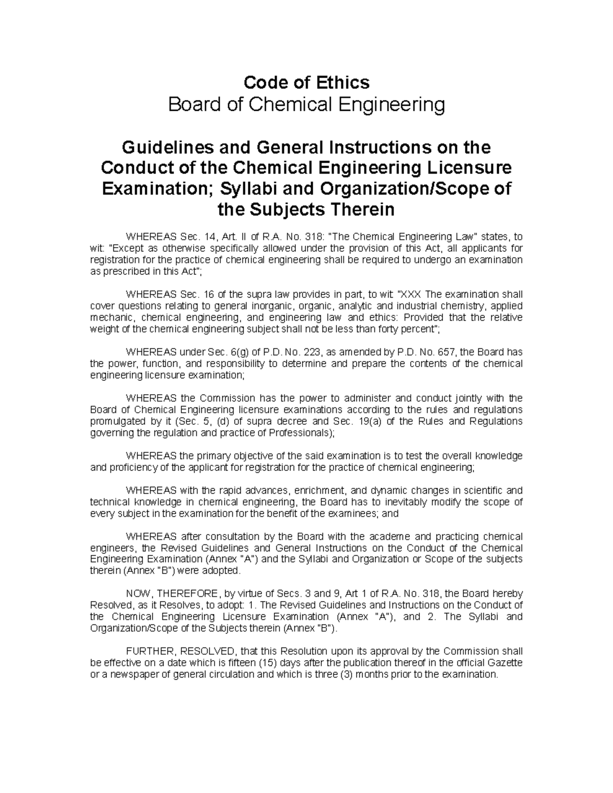 Board of Chemical Engineering - Code of Ethics 0 - - Studocu