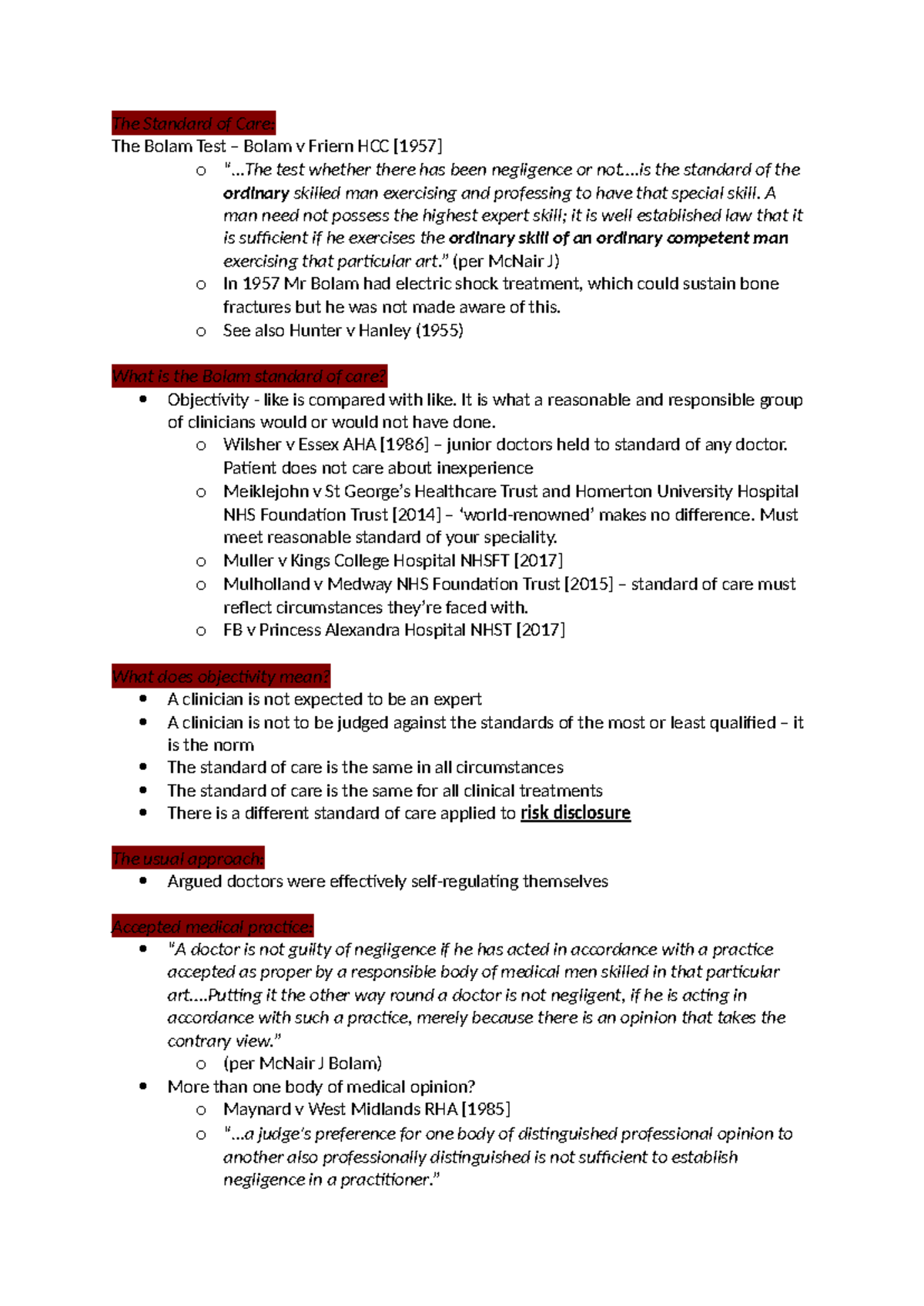 Bolam and Standard of Care - The Standard of Care: The Bolam Test ...
