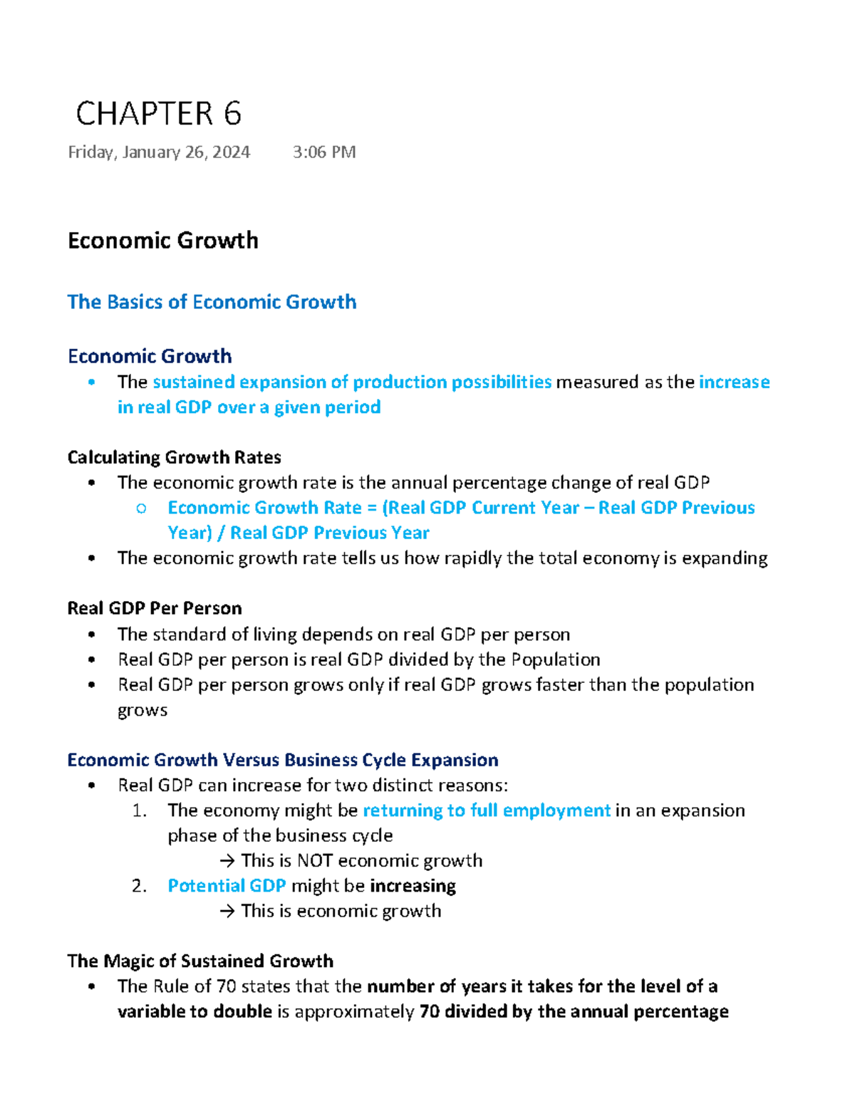 Chapter 6 - Economic Growth The Basics of Economic Growth Economic ...