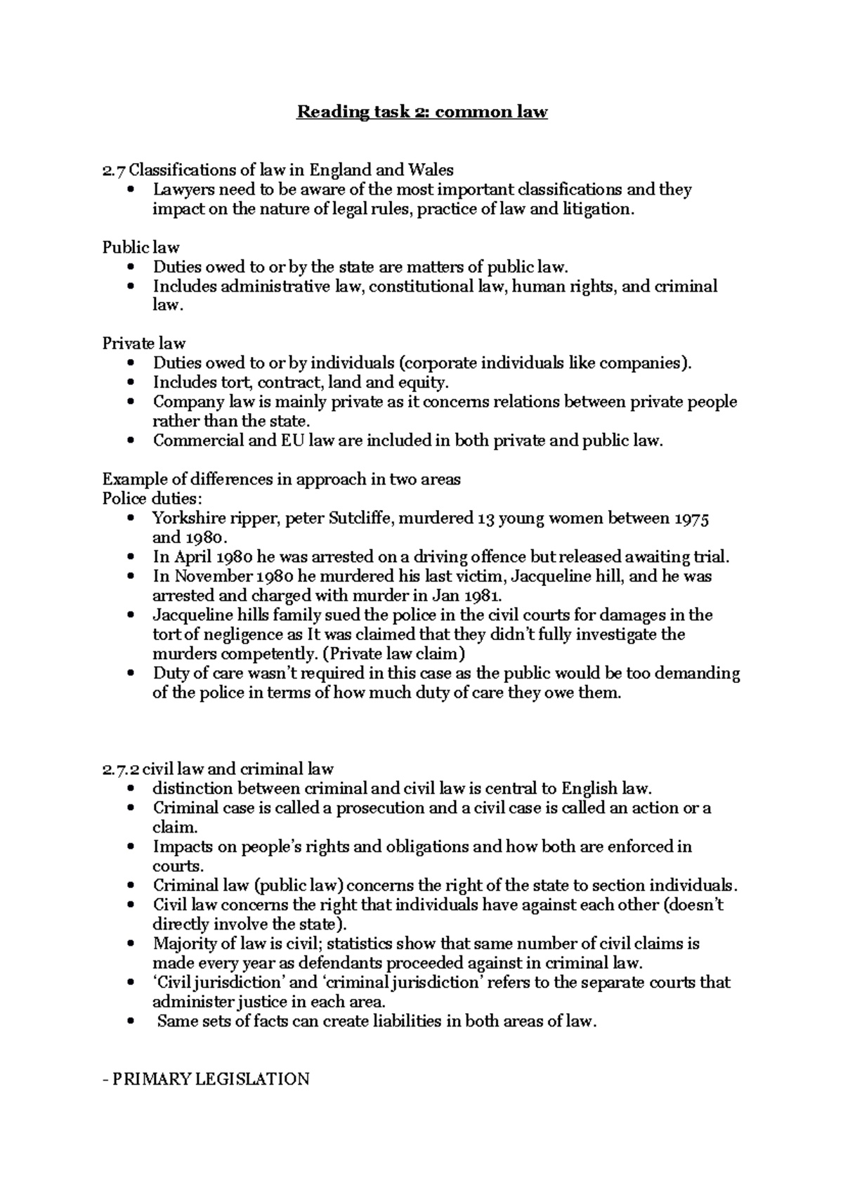 Common LAW UNIT 2 Reading Notes - Reading task 2: common law 2 ...