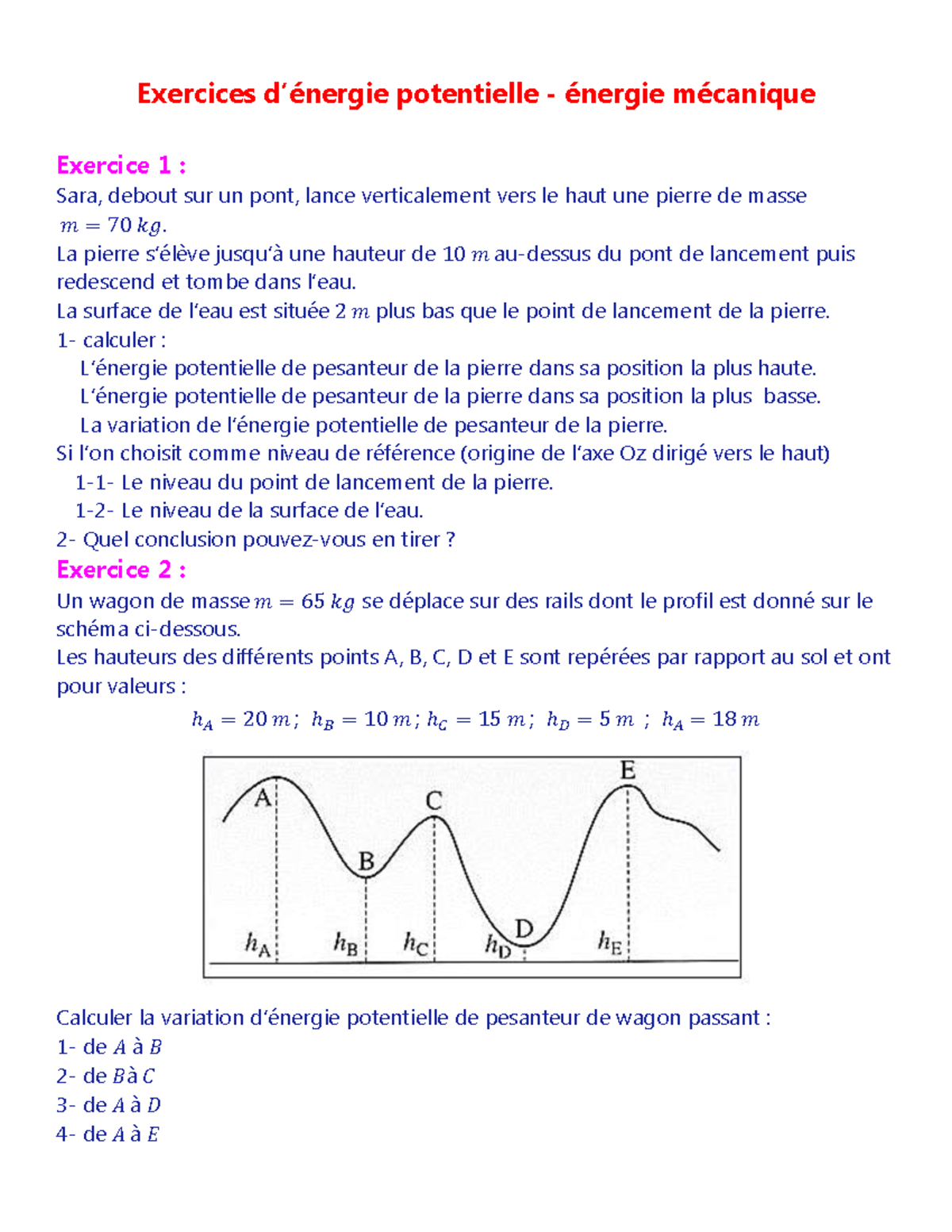 Travail et energie potentielle de pesanteur energie mecanique serie d exercices 1 3 - Exercices ...