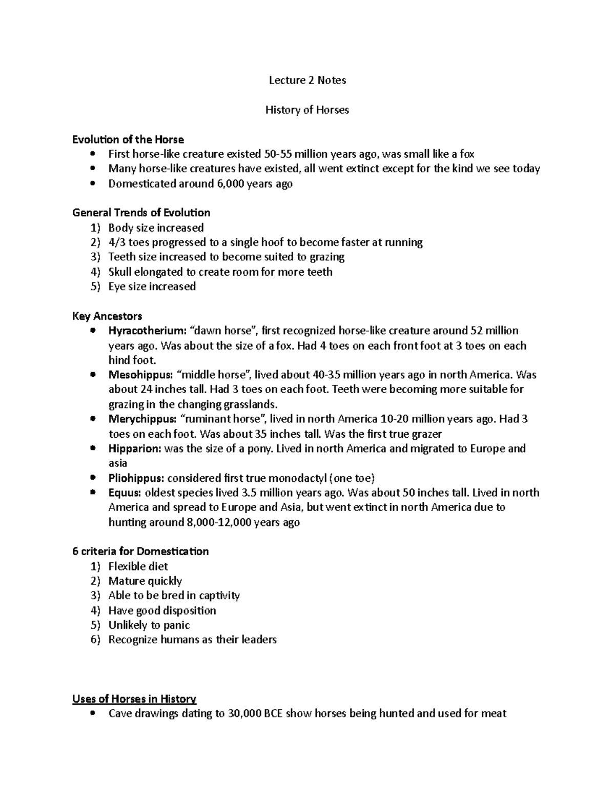 History and Domestication - Lecture 2 Notes History of Horses Evolution ...