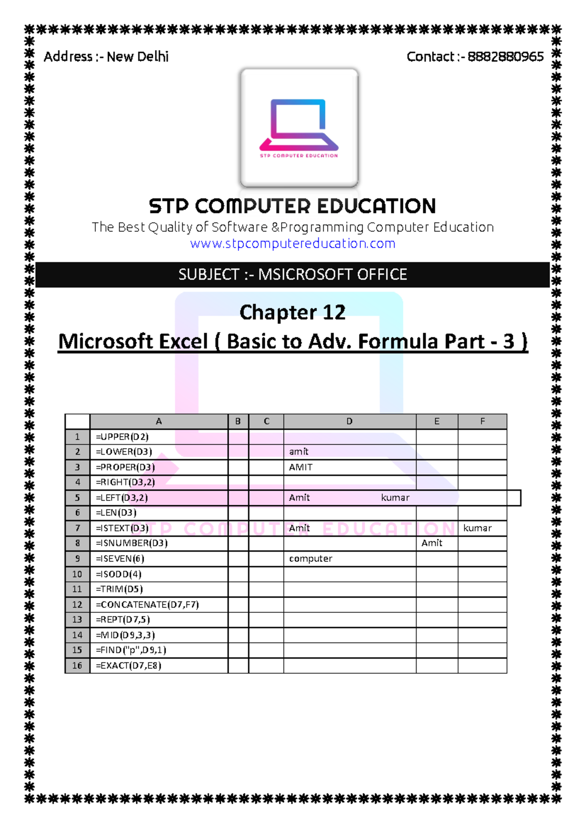 Chapter - 12 Microsoft Excel ( Basic to Adv. Formula Part - 3 ...