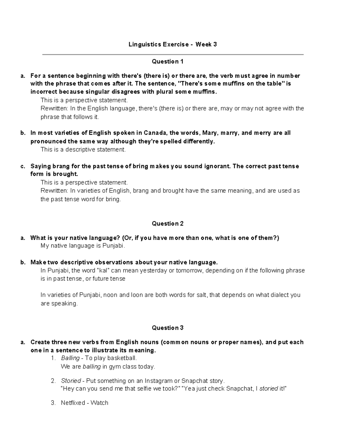 Linguist Week 3 Exercise - Linguistics Exercise - Week 3 Question 1 a ...