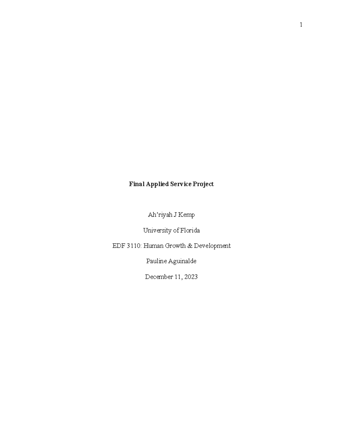 Final applied project - Final Applied Service Project Ah’riyah J Kemp ...