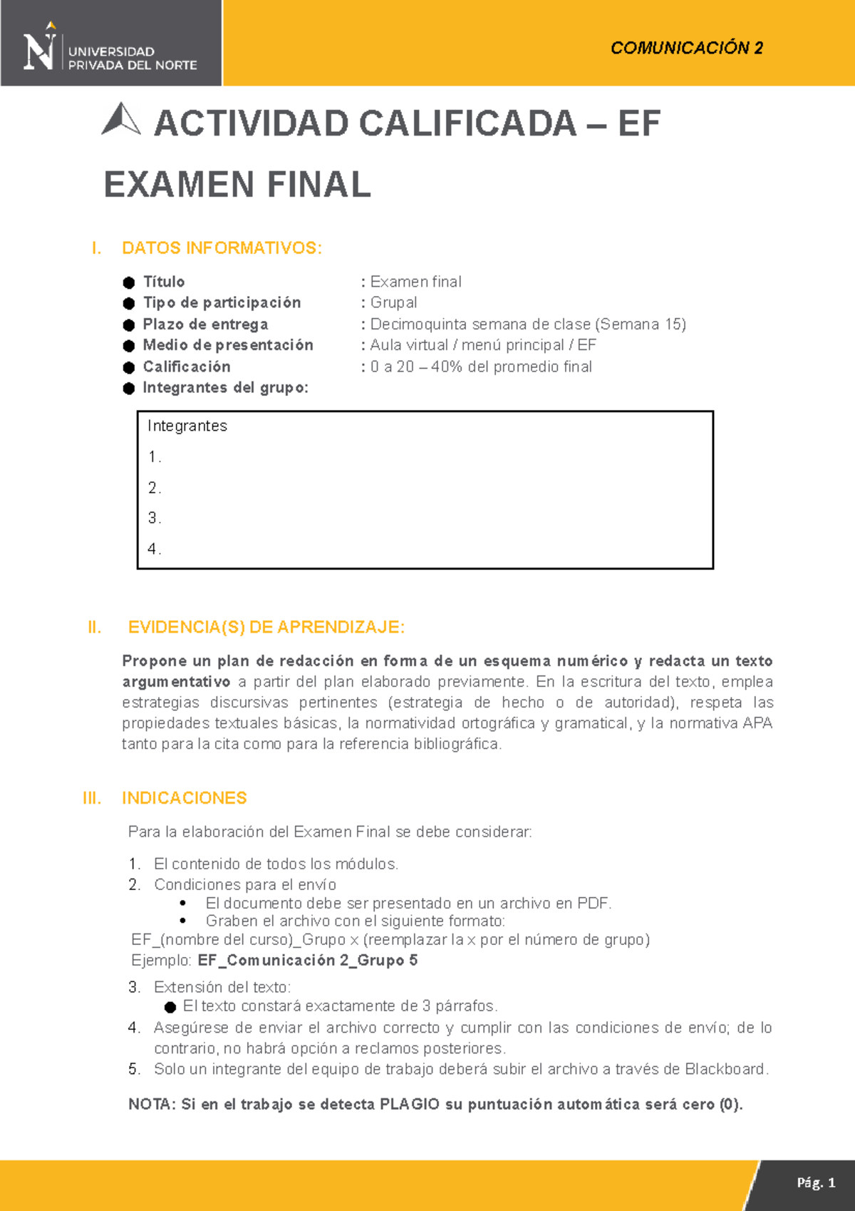 Eexamen Final Comunicacion 2 - ACTIVIDAD CALIFICADA – EF EXAMEN FINAL I ...