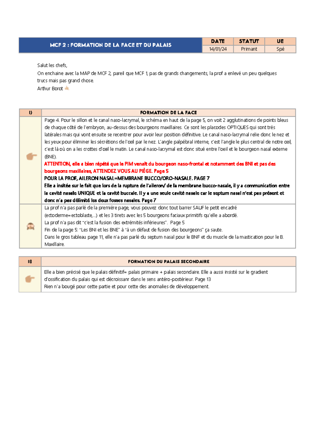 MAP MCF 2 2023-2024 - note de cours MCF 1 année PASS - MCF 2 : FORMATiON DE LA FACE ET DU PALAiS ...