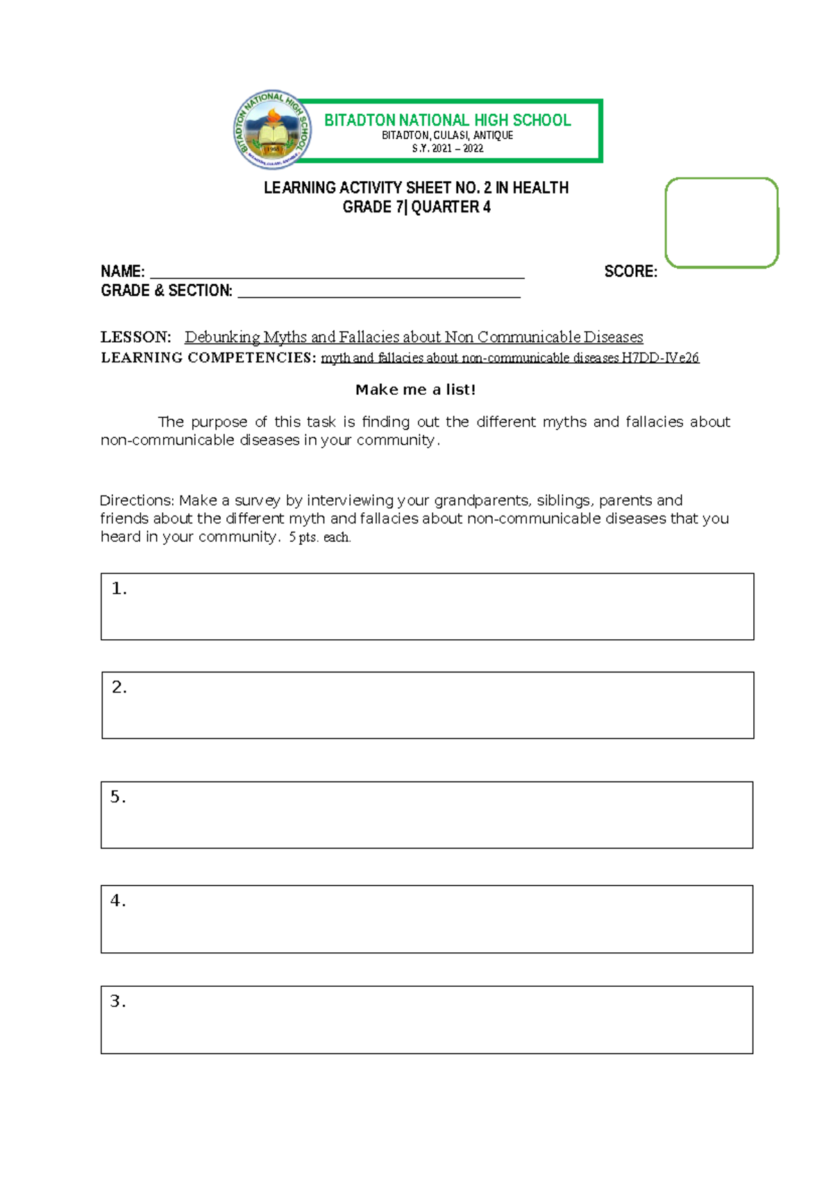 Learning Activity Sheet NO - LEARNING ACTIVITY SHEET NO. 2 IN HEALTH ...