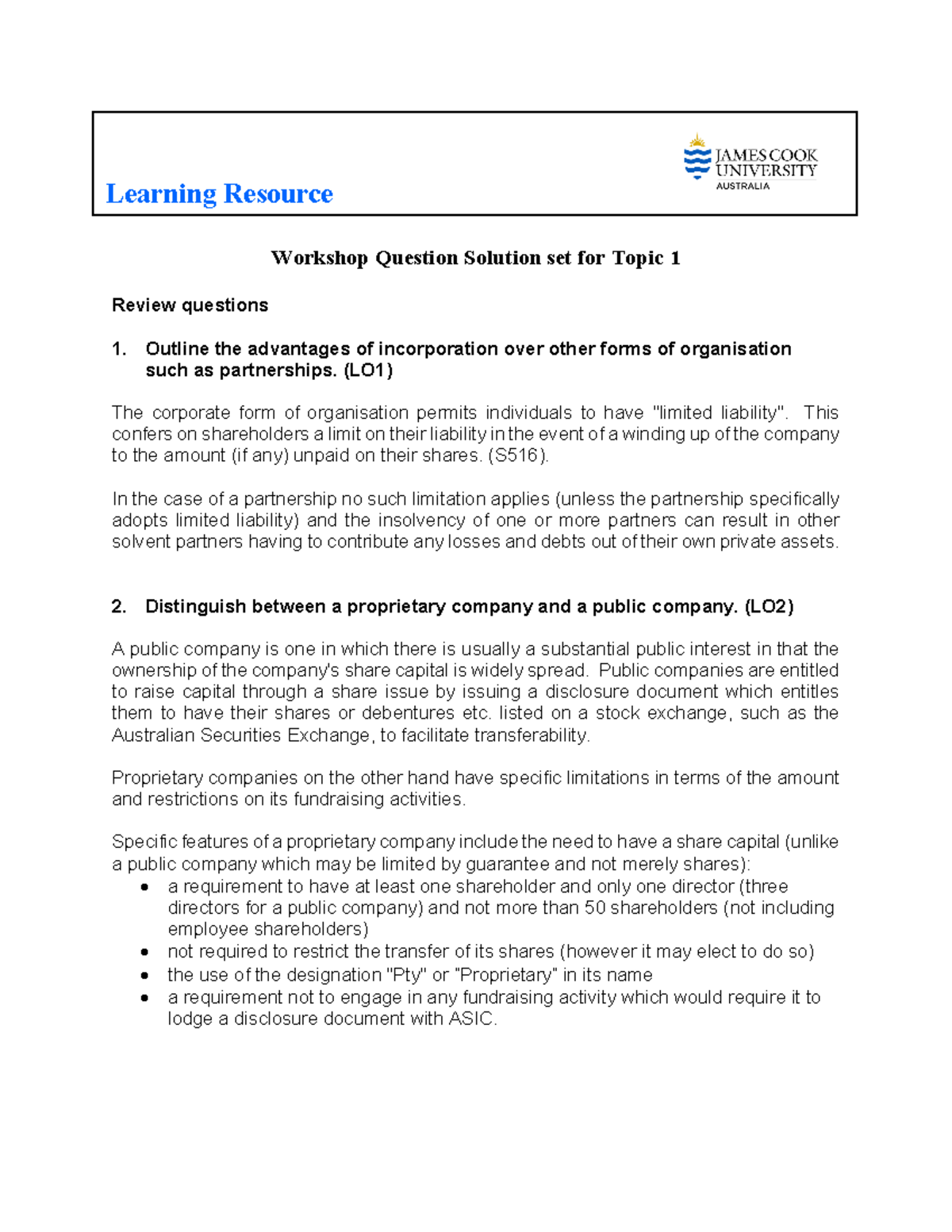 Topic 1 Workshop Solutions - Workshop Question Solution set for Topic 1 ...