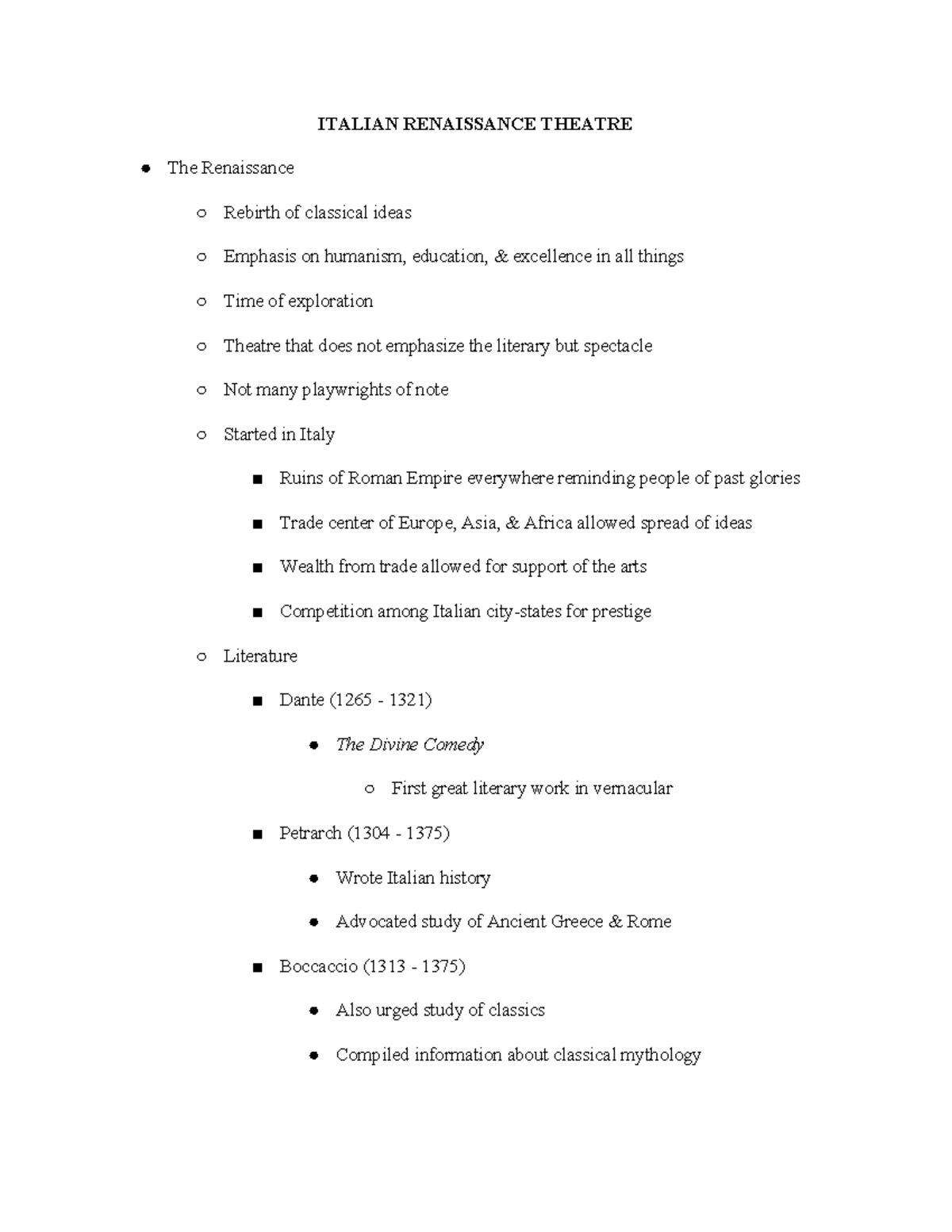 Italian Renaissance Theatre - ITALIAN RENAISSANCE THEATRE The ...