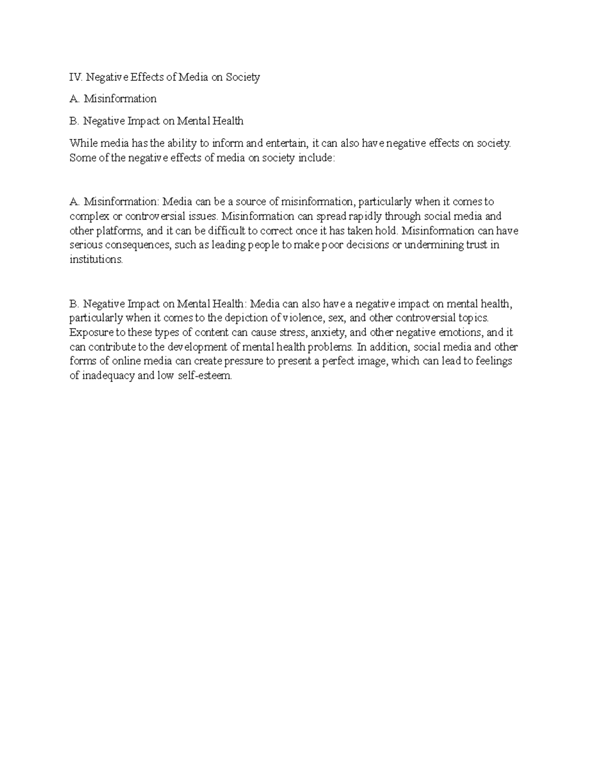 The Media 4 - IV. Negative Effects of Media on Society A ...