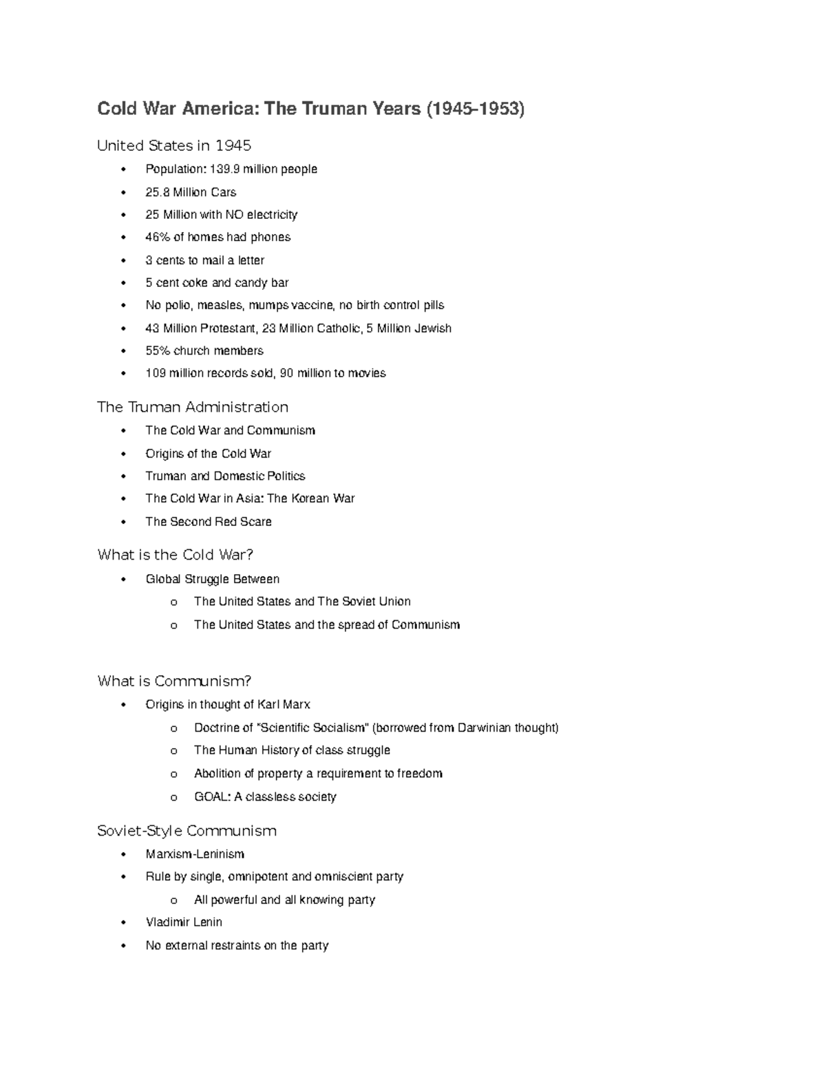 Cold War America 1 - Notes - Cold War America: The Truman Years (1945 ...