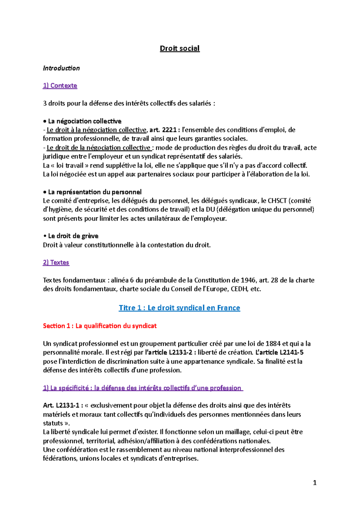 Droit social - Relations collectives - Droit social Introduction 1 ...