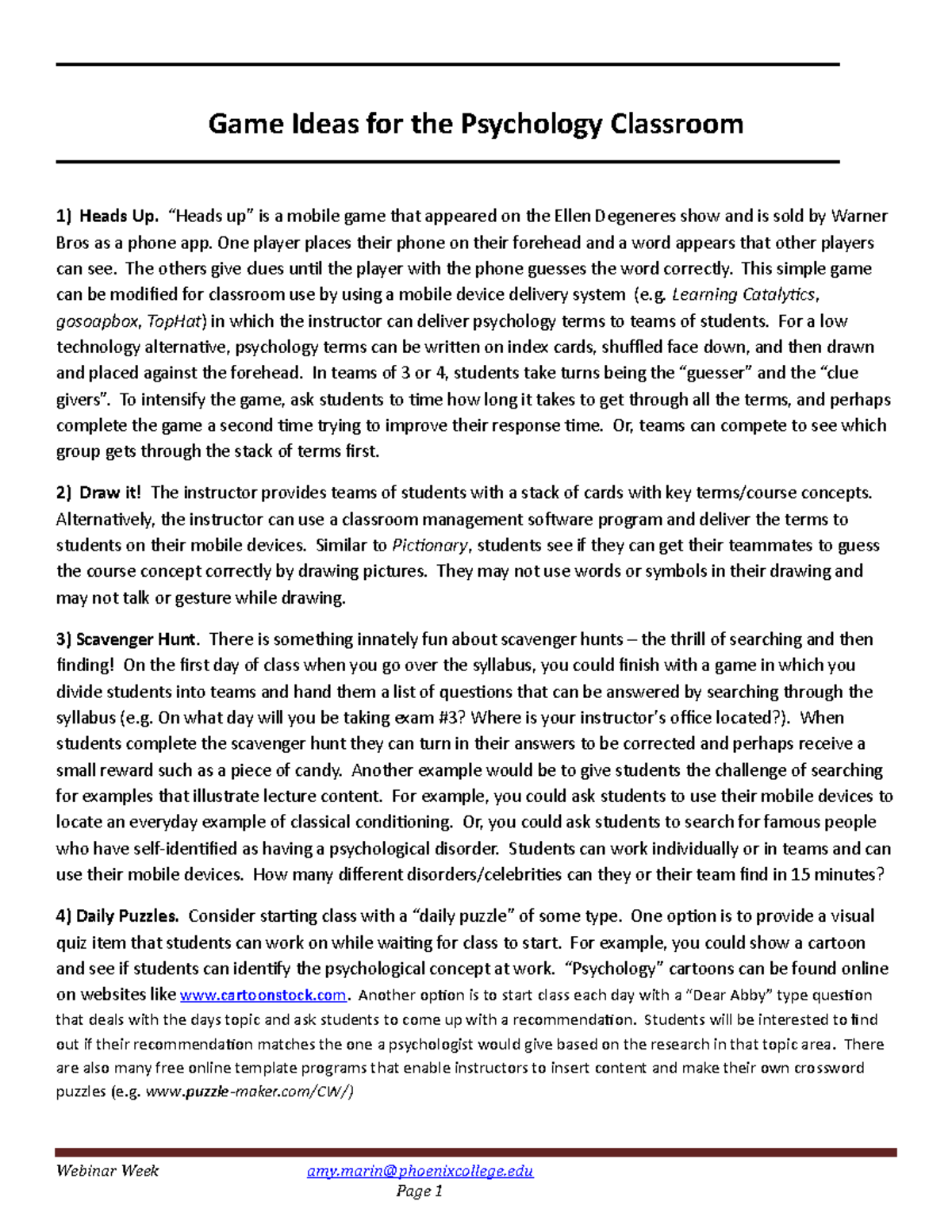 Marin Handouts Game Ideas and Checklist - Game Ideas for the Psychology ...