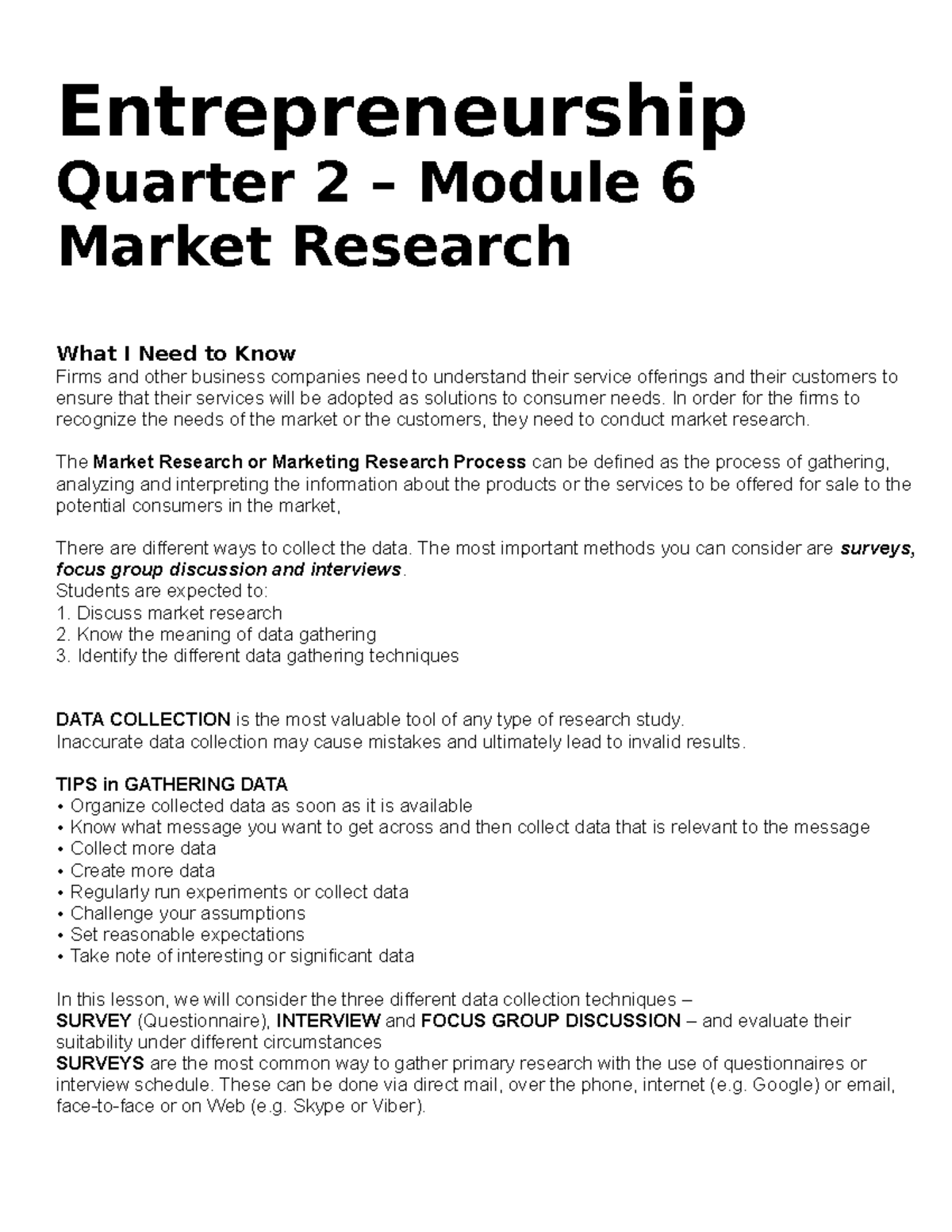 Entrep module 6 - Entrepreneurship Quarter 2 – Module 6 Market Research What I Need to Know ...