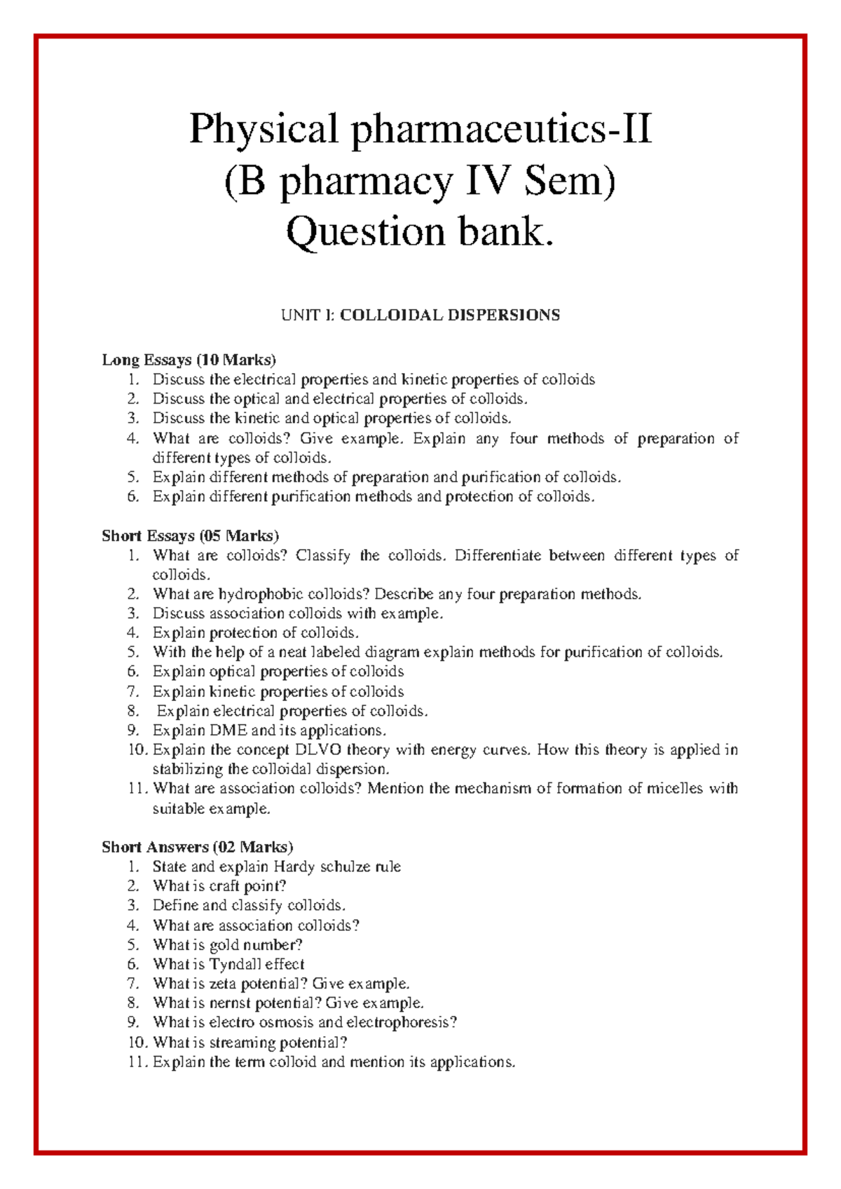 QB Physical-pharmaceutics-2 KBP - Physical pharmaceutics-II (B pharmacy IV Sem) Question bank ...