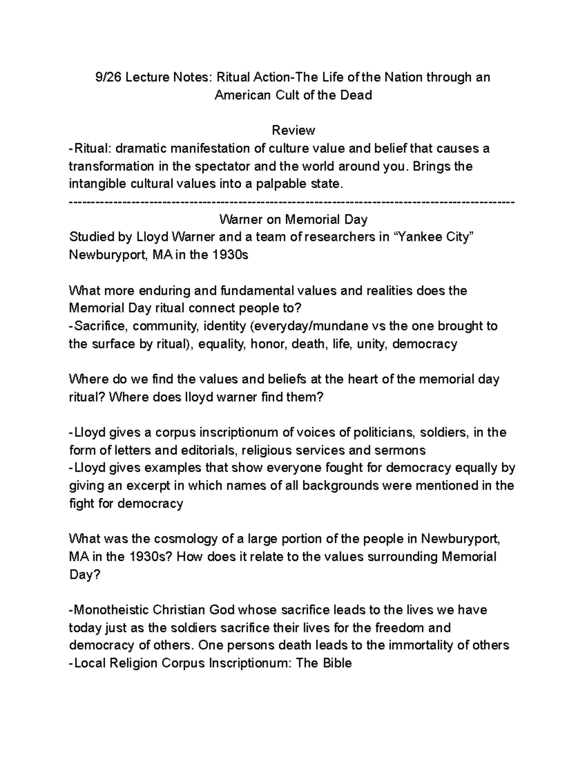 9 26 LN Warner Ritual Action - 9/26 Lecture Notes: Ritual Action-The ...