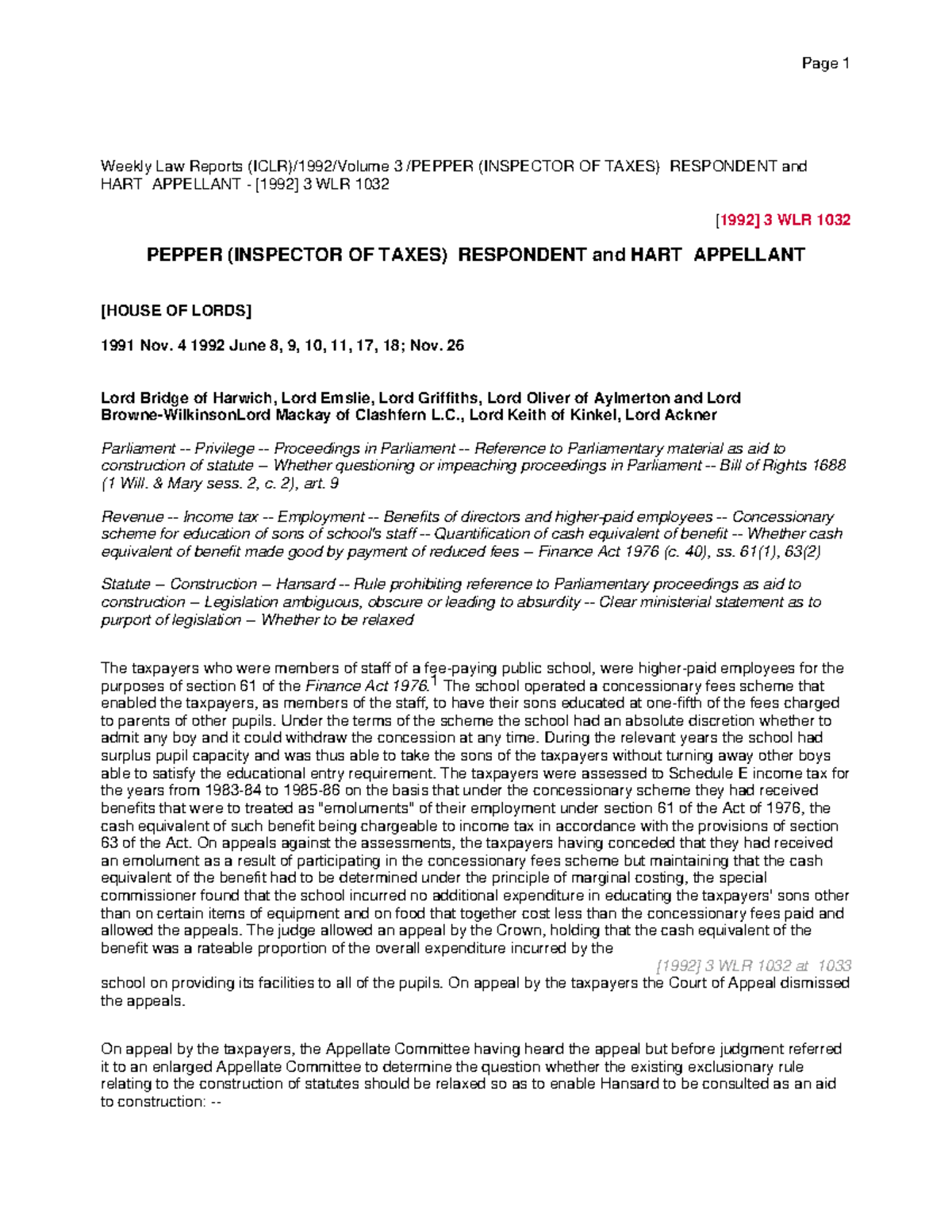 Pepper v. Hart case - Weekly Law Reports (ICLR)/1992/Volume 3 /PEPPER ...