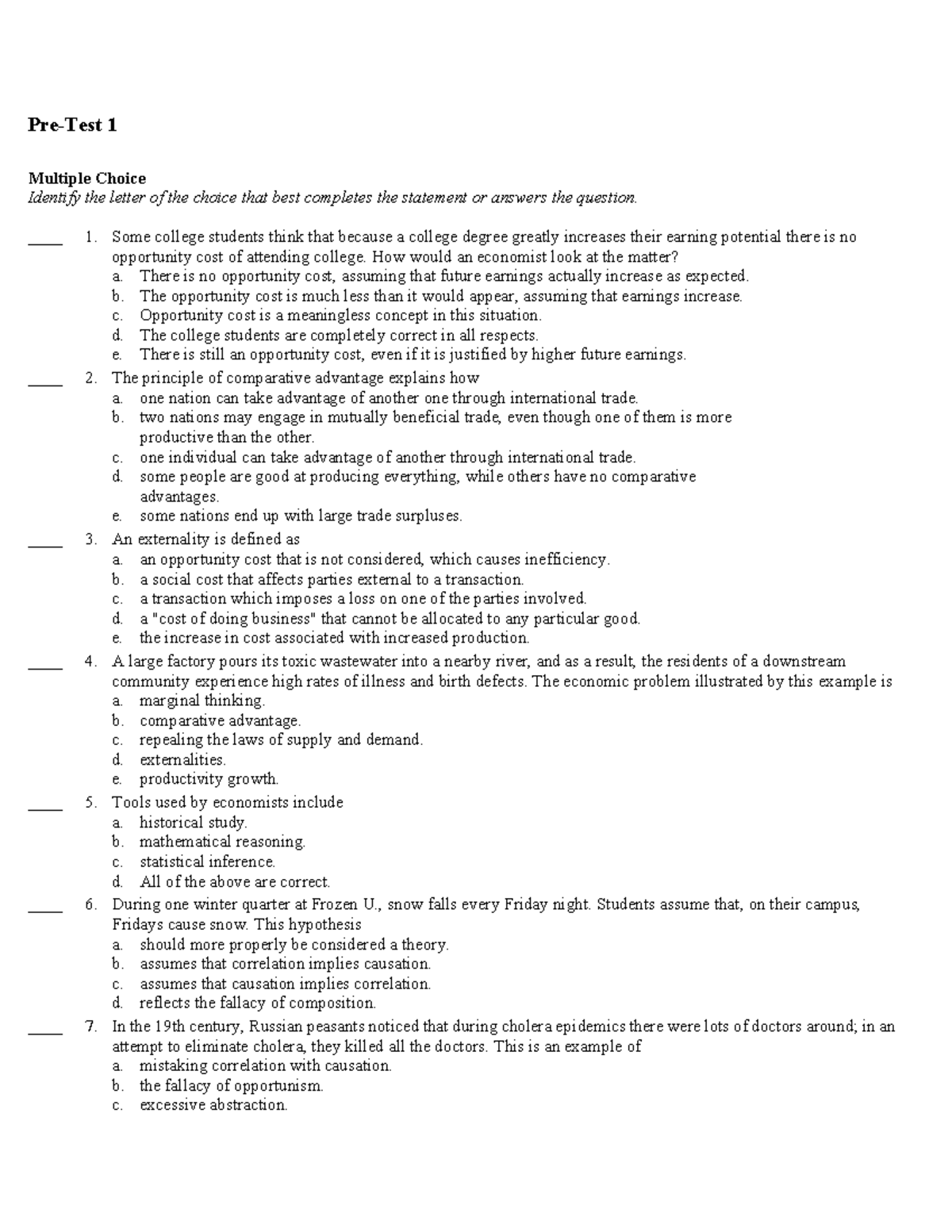 Pretest 1 Econ 201 Chapters 1-4 PDF form - Pre-Test 1 Multiple Choice ...