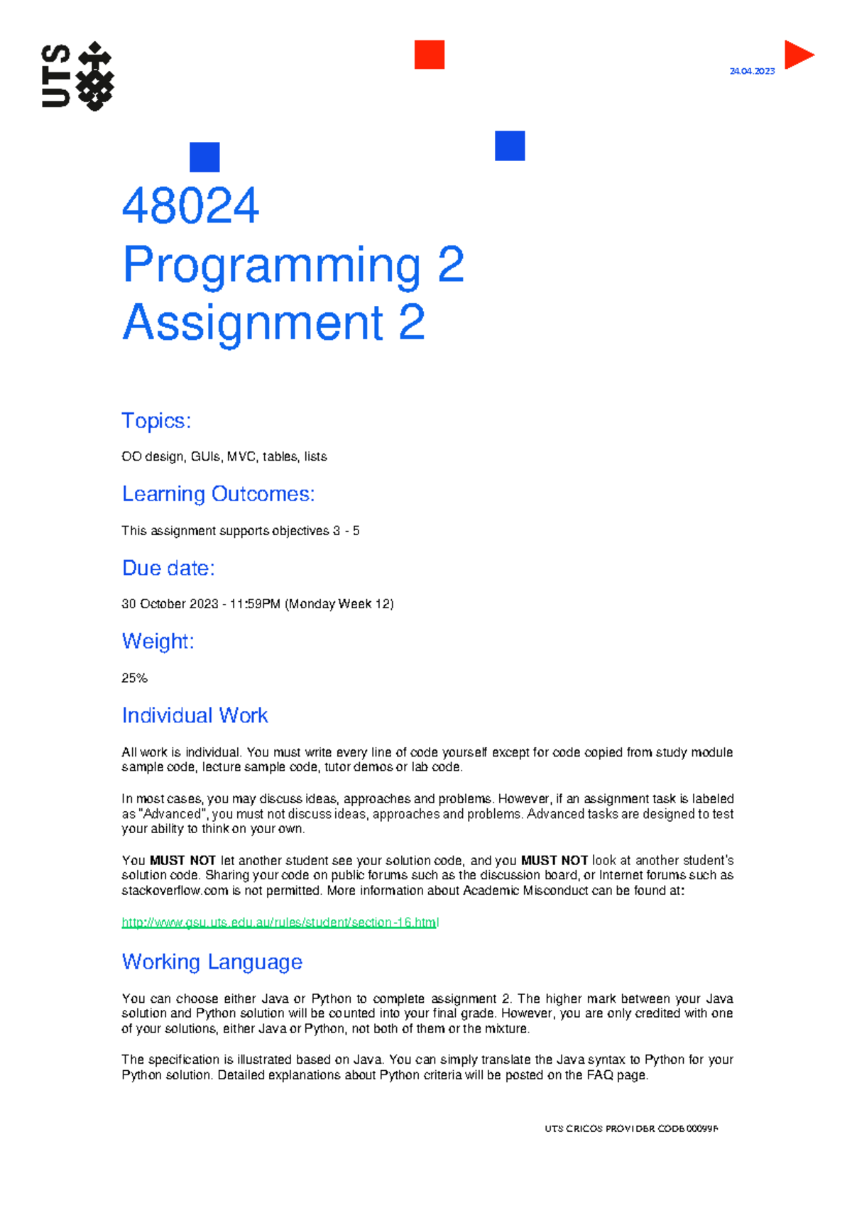 Assignment 2 Specifications Agency - 48024 Programming 2 Assignment 2 Topics: OO design, GUIs ...