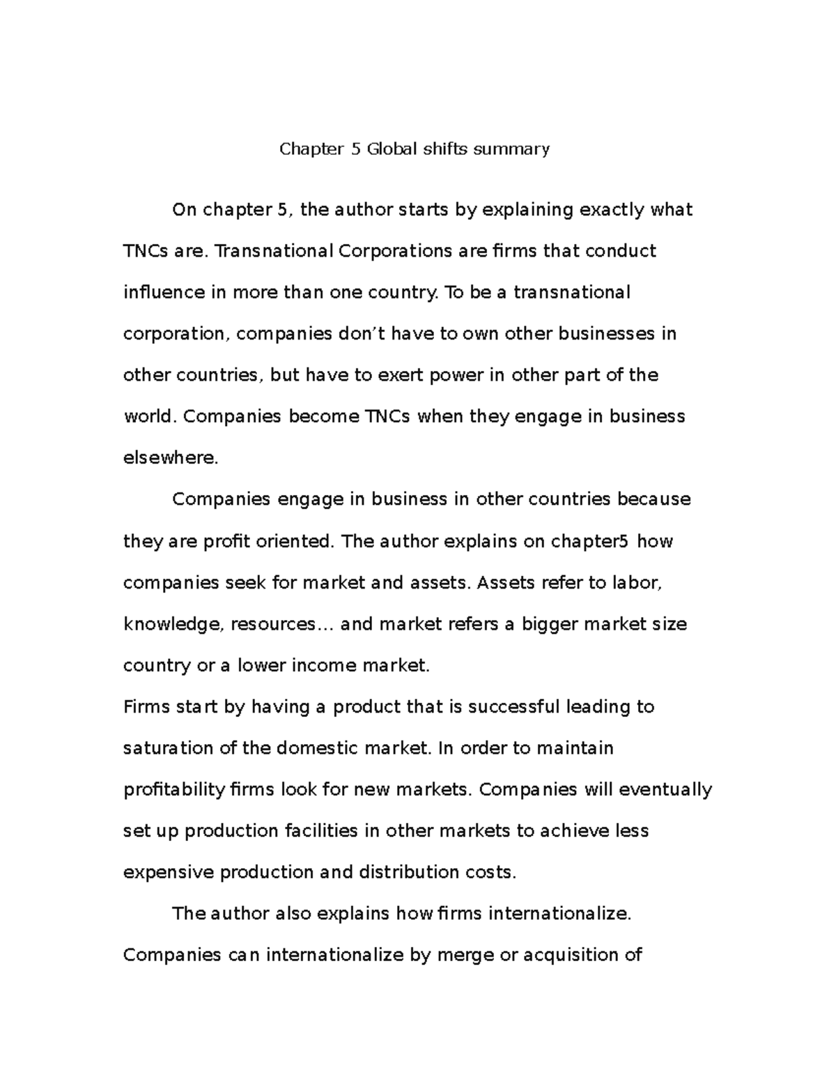 Summary Global Shift - Summary Of Chapter 5 - Chapter 5 Global shifts ...