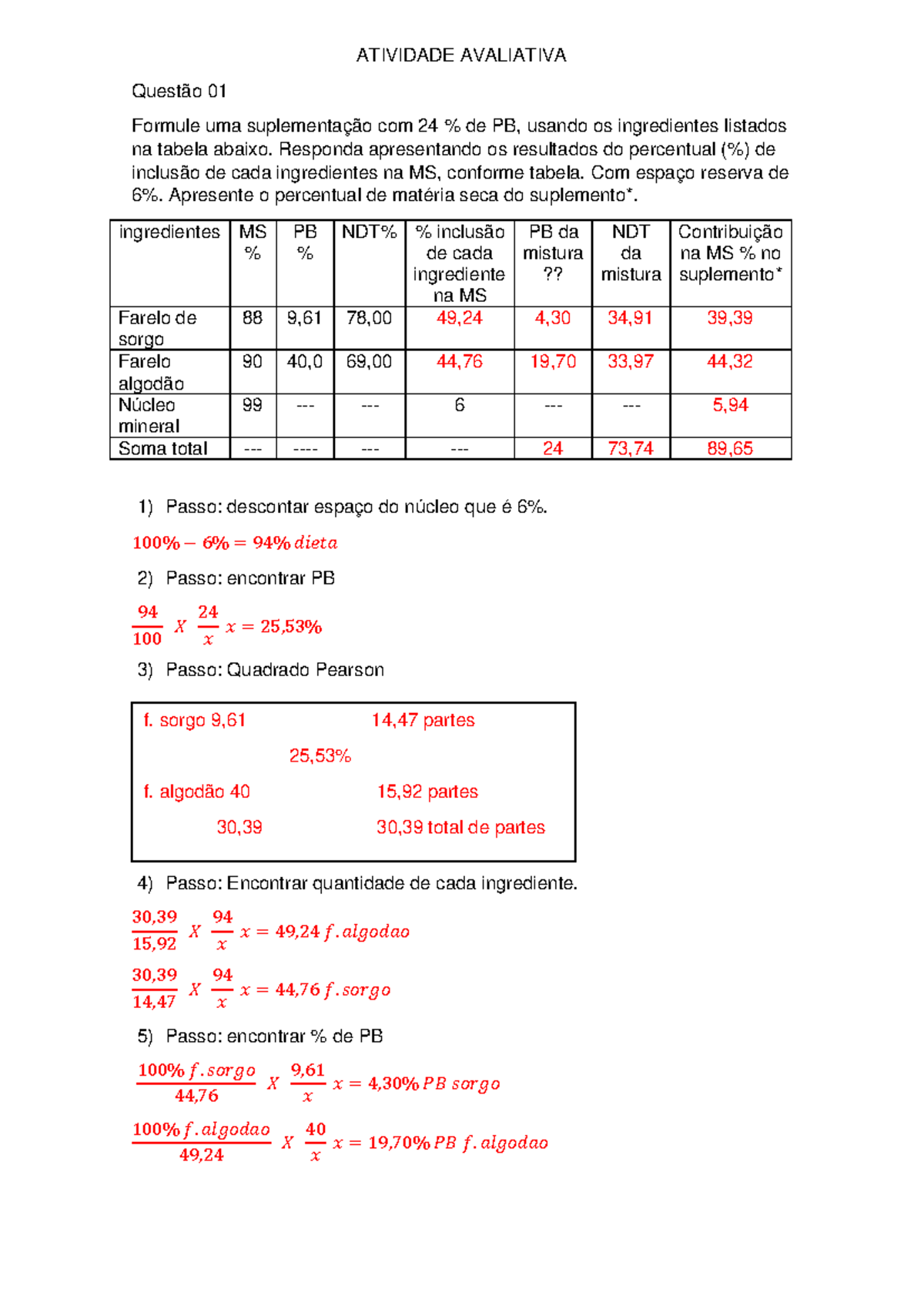 Calculo de Formulação de Ração Método Quadrado de Pearson - ATIVIDADE ...