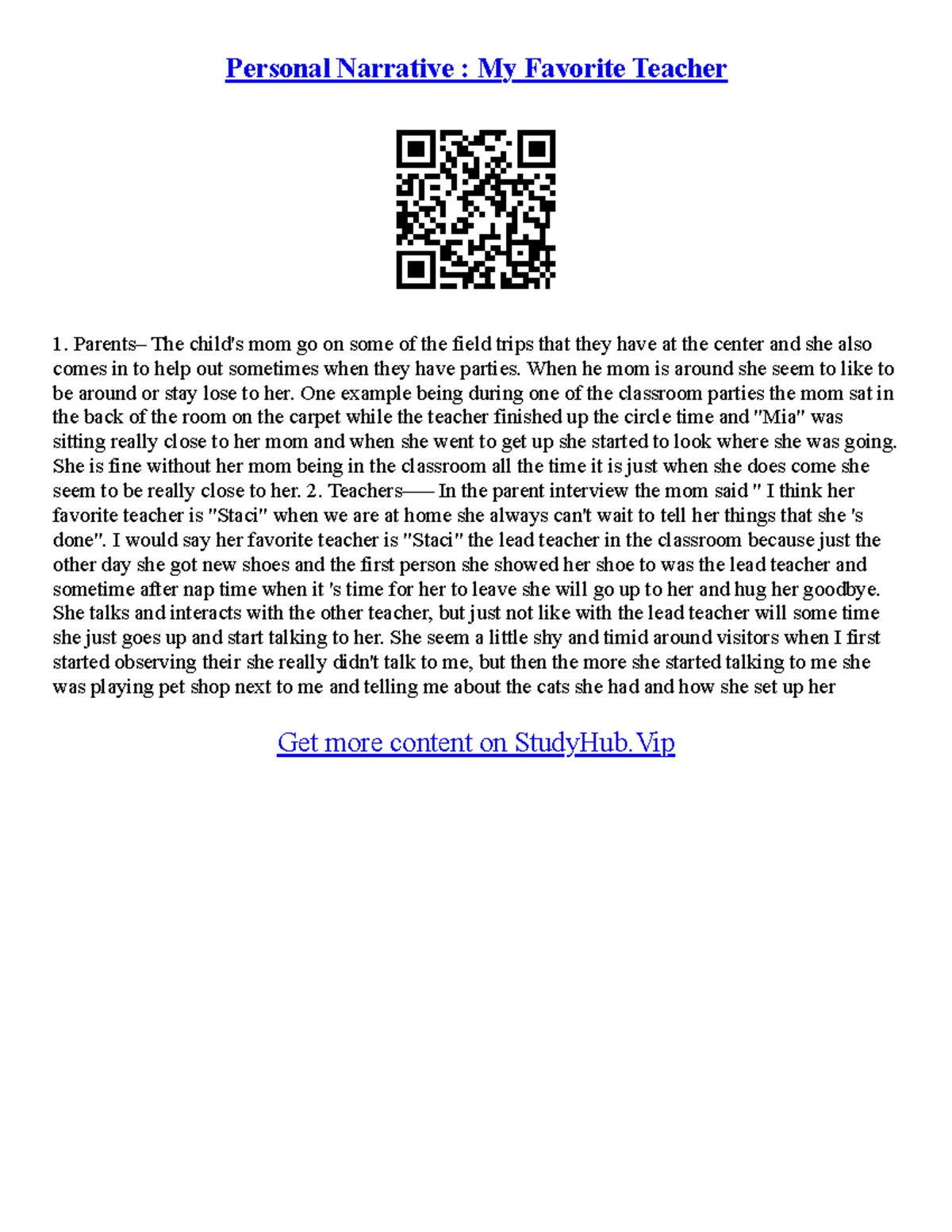 Essay My Favourite Teacher - Personal Narrative : My Favorite Teacher 1 ...