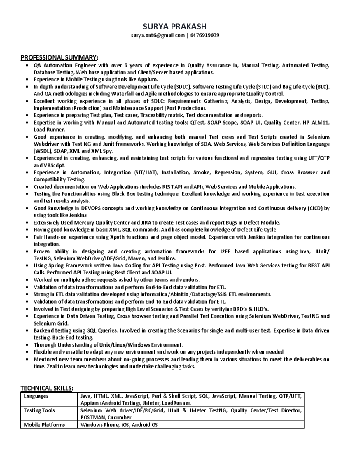 Surya resume - SURYA PRAKASH surya@gmail | 6476919609 PROFESSIONAL ...