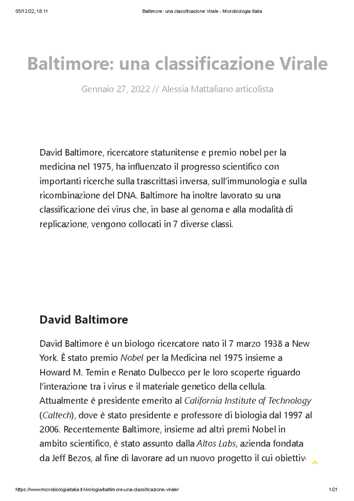 Baltimore una classificazione Virale - Microbiologia Italia - David ...