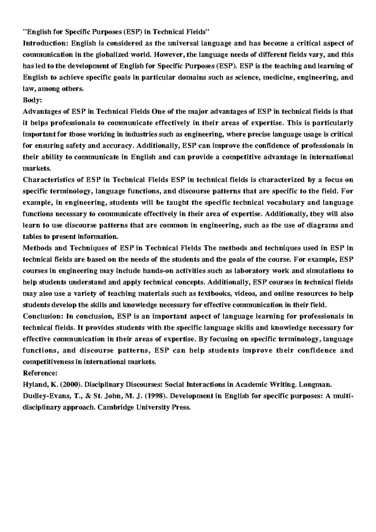 English for specific purpose - "English for Specific Purposes (ESP) in ...