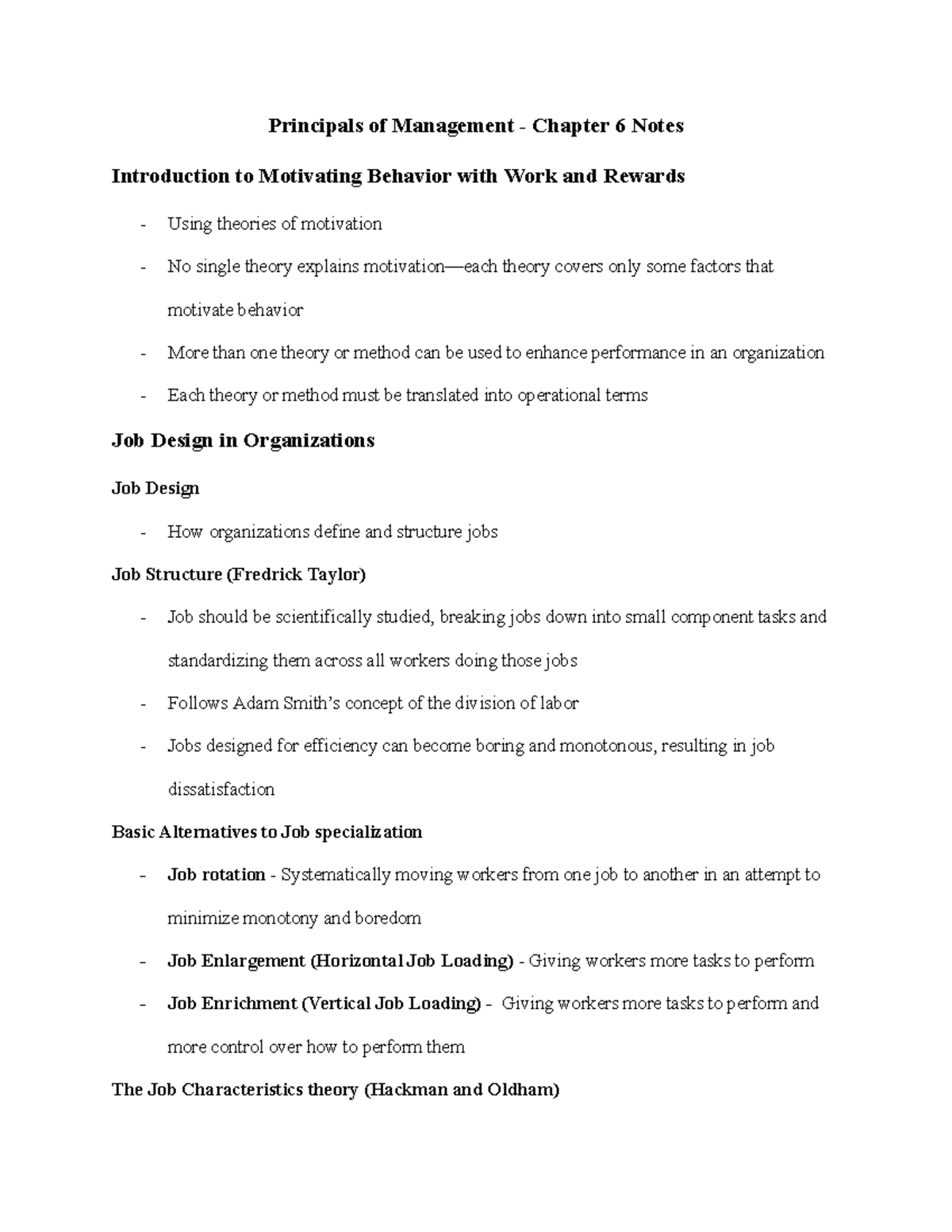 Management Chapter 6 Notes - Principals of Management - Chapter 6 Notes ...