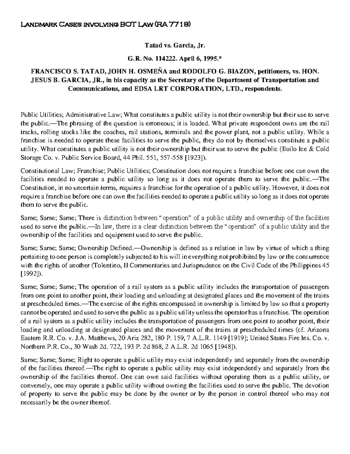 Tatad vs Garcia, Jr., G.R. No. 114222 - Tatad vs. Garcia, Jr. G. No ...