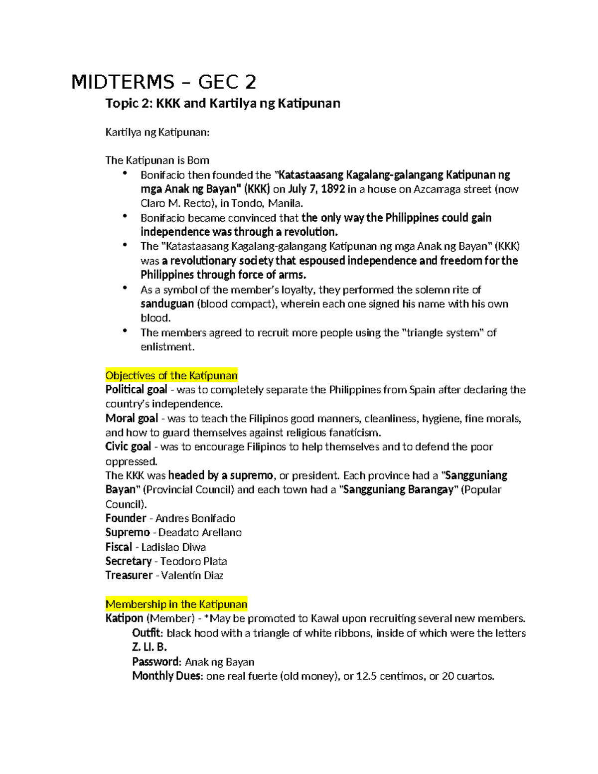 GEC 2 Midterms - MIDTERMS – GEC 2 Topic 2: KKK and Kartilya ng Katipunan Kartilya ng Katipunan ...