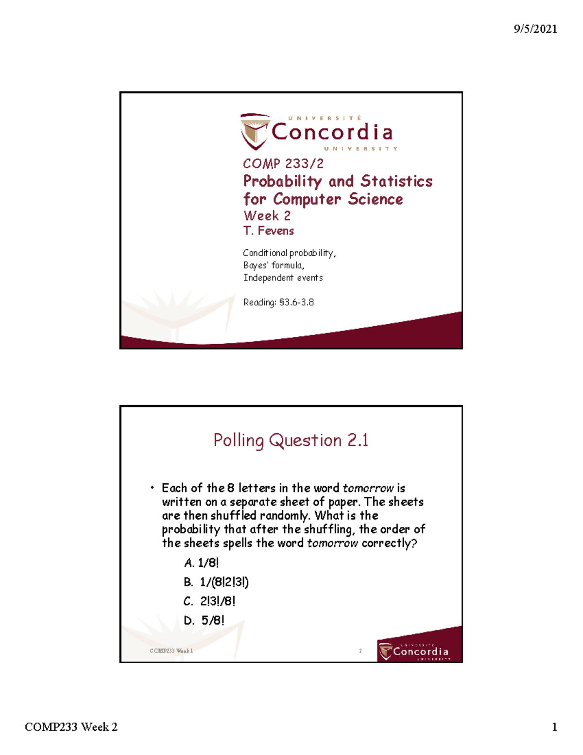 Probability and Statistics for Computer Science week 2 - COMP 233/ Probability and Statistics ...