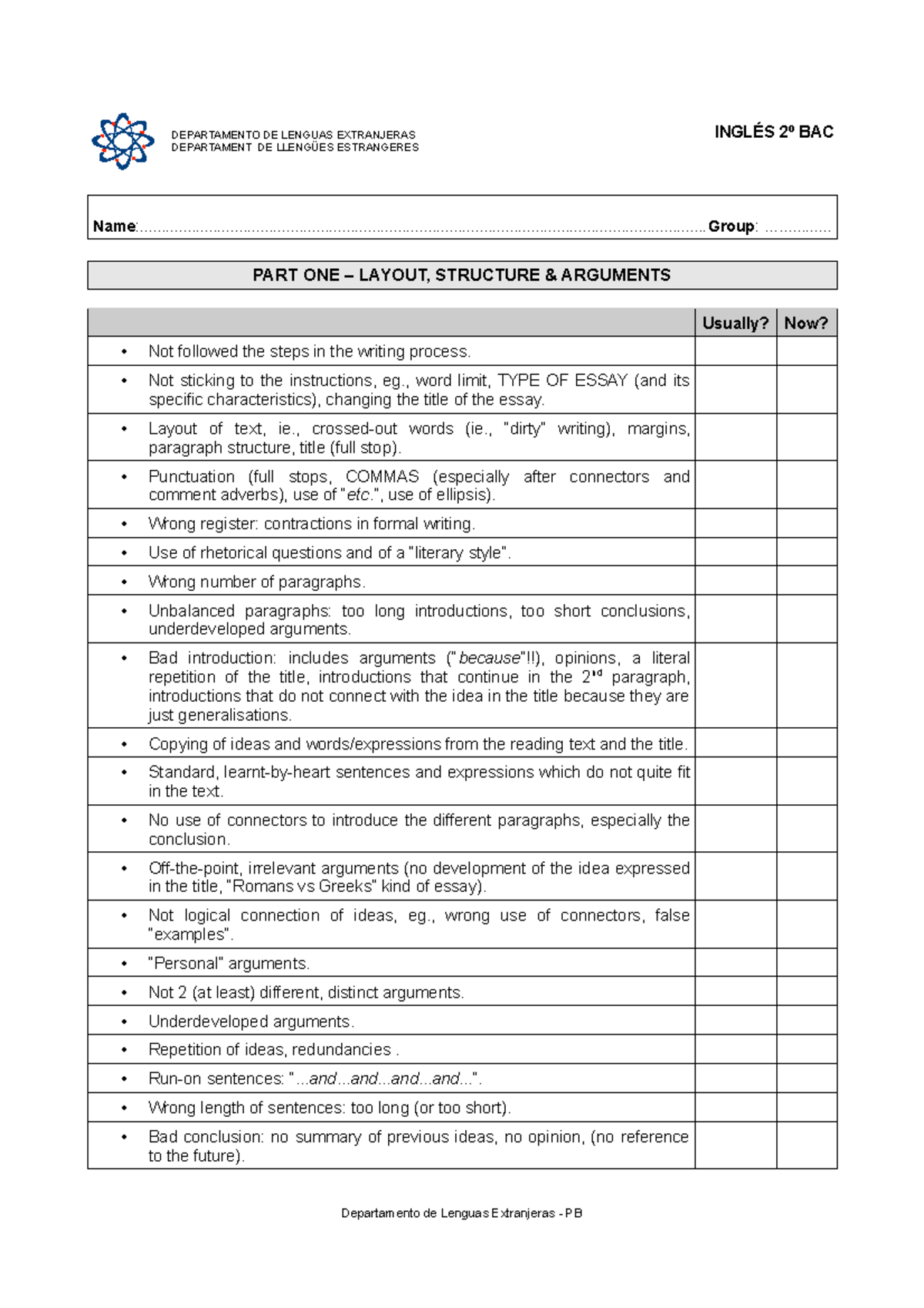 Checklist - writing - DEPARTAMENTO DE LENGUAS EXTRANJERAS DEPARTAMENT ...