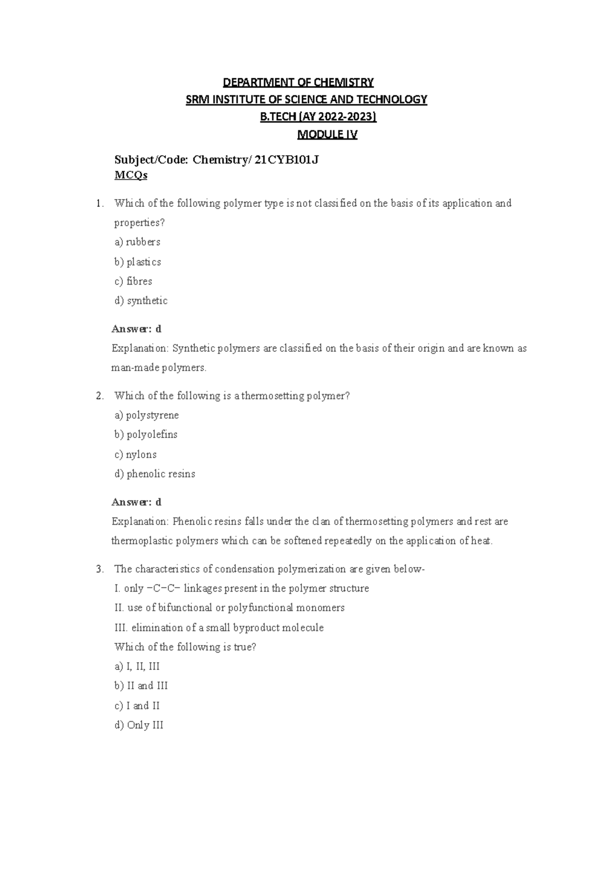Module IV QB - question bank - DEPARTMENT OF CHEMISTRY SRM INSTITUTE OF ...