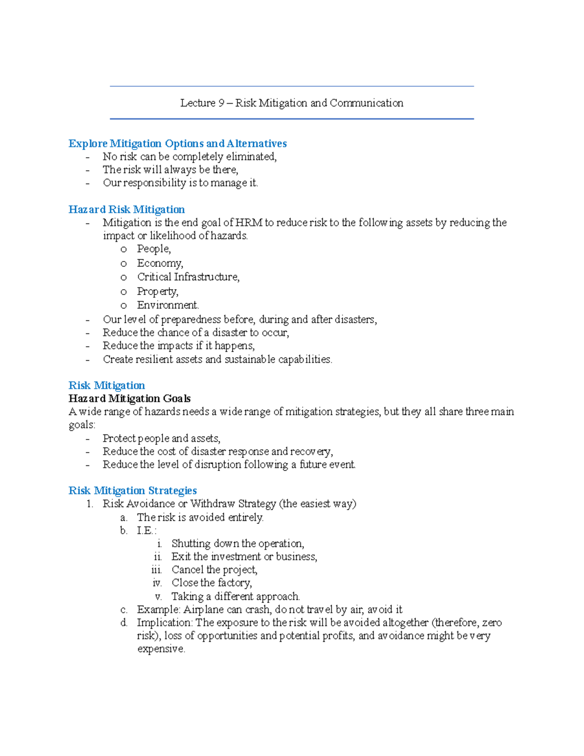 Lecture 9 – Risk Mitigation and Communication - Lecture 9 – Risk ...