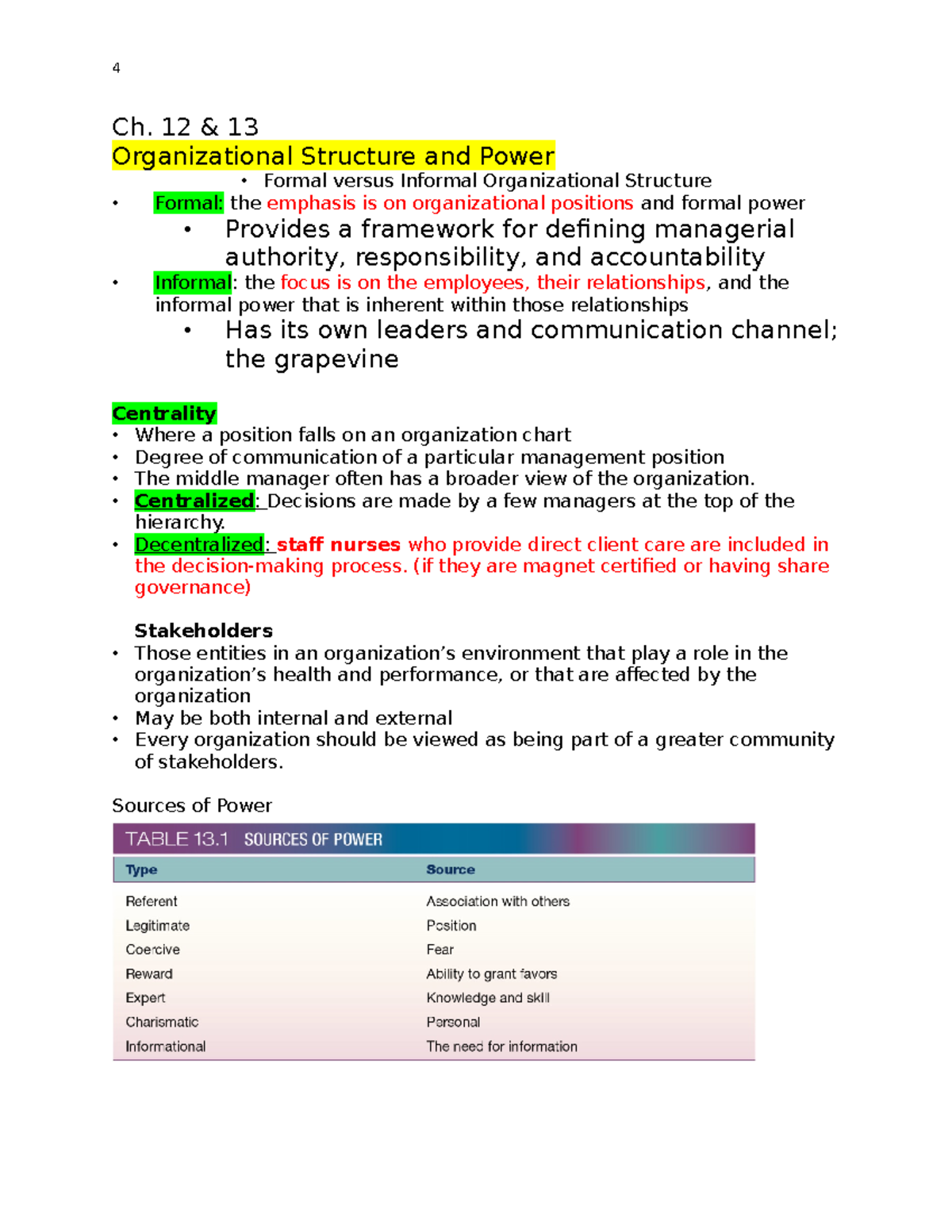 Week 4- Class notes - Ch. 12 & 13 Organizational Structure and Power ...