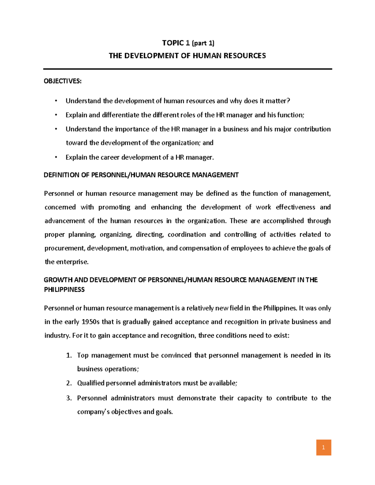 Topic 1 Human Resource Management (part 1) - TOPIC 1 (part 1) THE ...