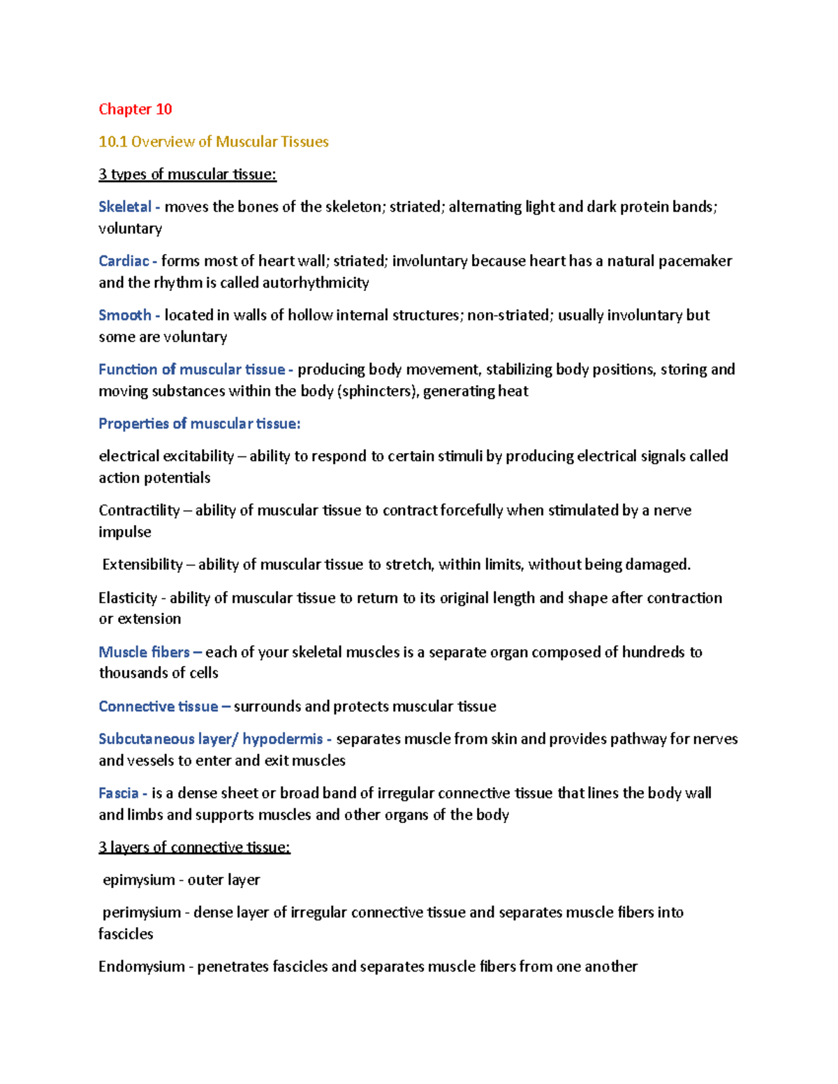 Ch 10 - Chapter 10 10 Overview of Muscular Tissues 3 types of muscular ...