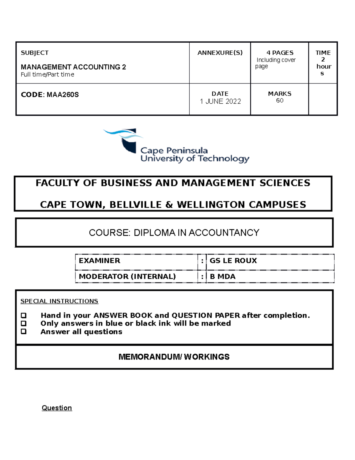 1 JUNE 2022 EXAM MEMO - Exam memo - SUBJECT MANAGEMENT ACCOUNTING 2 ...