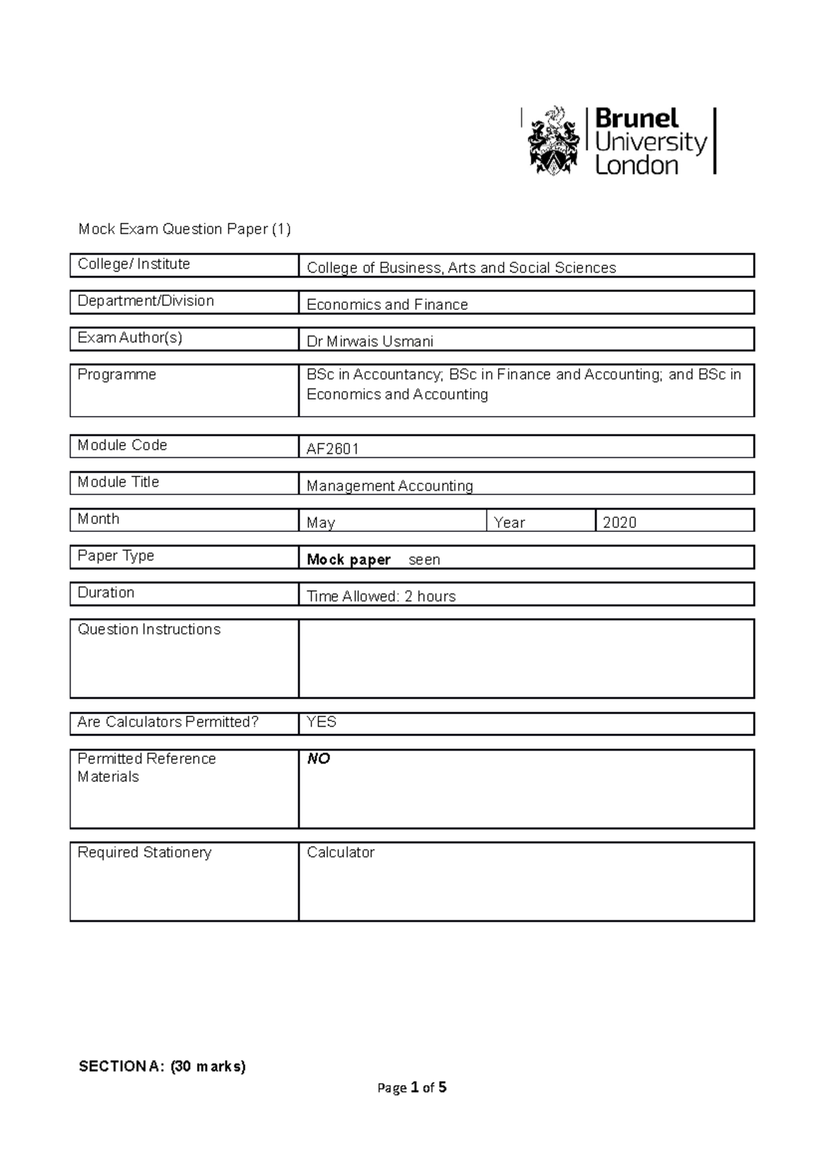 Sample/practice exam - Mock Exam Question Paper (1) College/ Institute ...