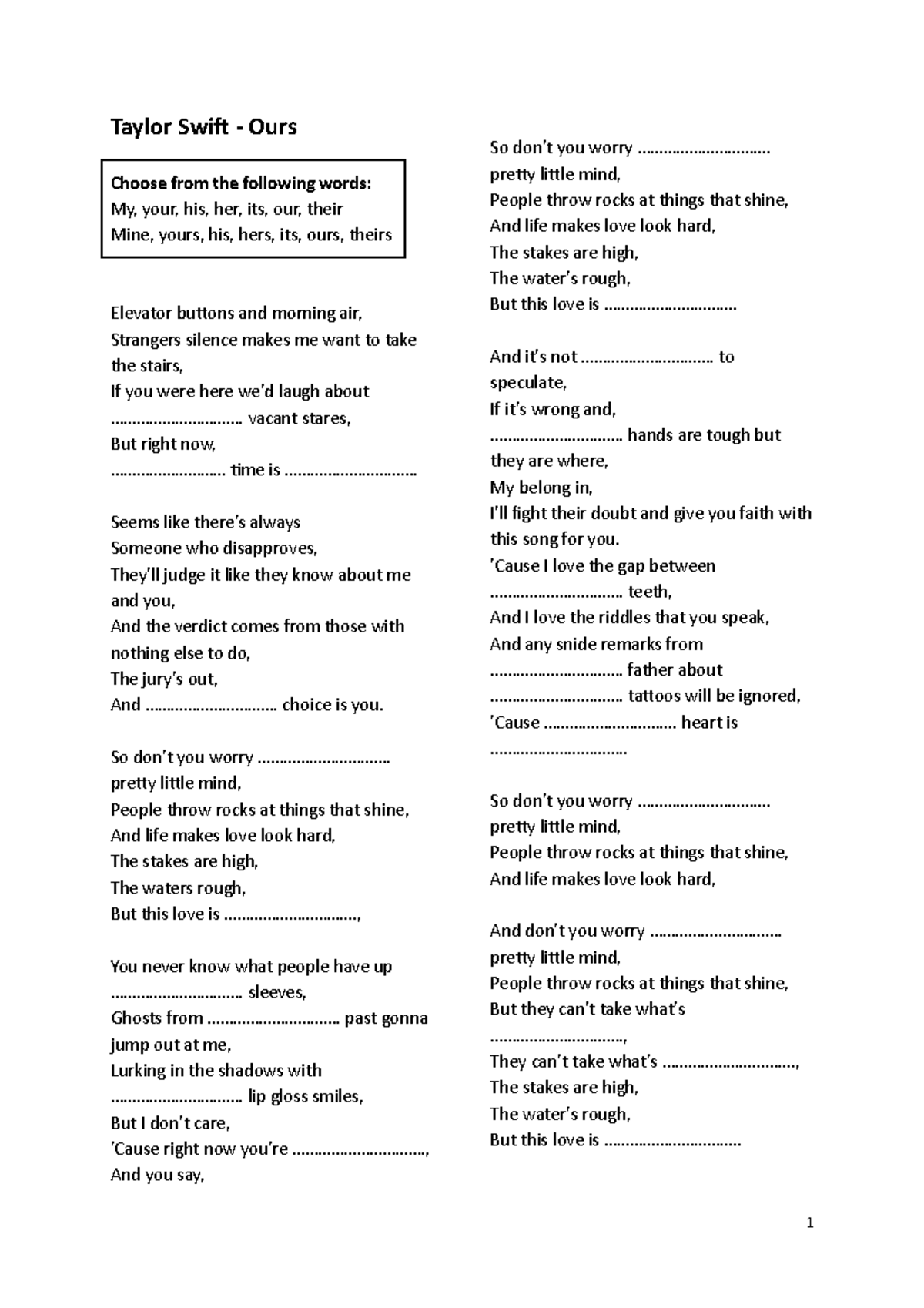 Practicum - Worksheets - Taylor Swift Ours Choose from the following ...