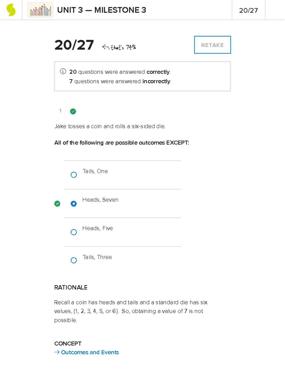 Sophia statistics unit 3 - 1 CONCEPT → Outcomes and Events 20 / 27 that ...